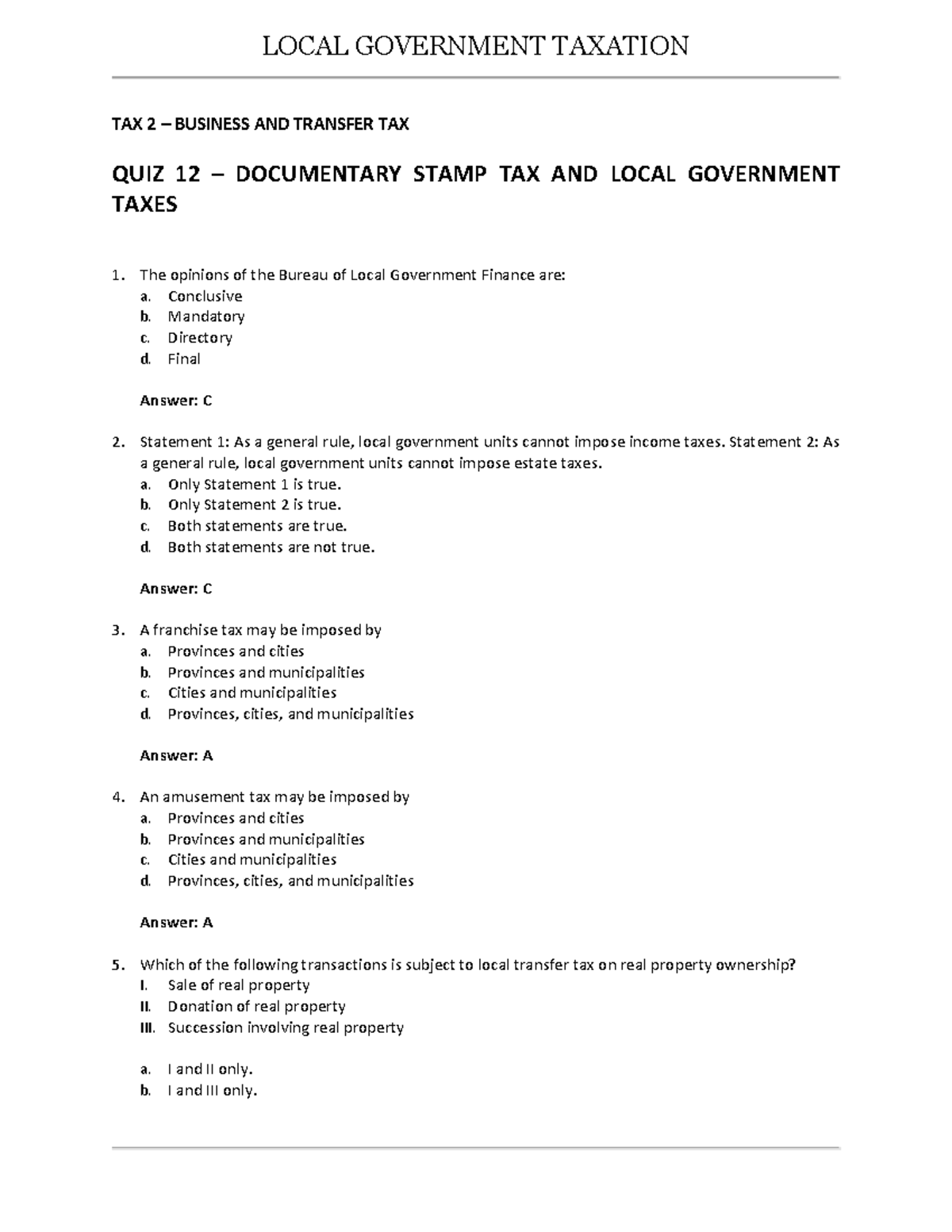 Local Government Tax - (TAX 2) Quiz 12 on Documentary Stamp Tax - Studocu