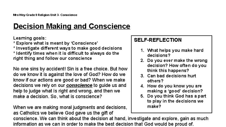 Mrs Wey Grade 9 Religion Unit: Decision Making & Conscience Guide - Studocu