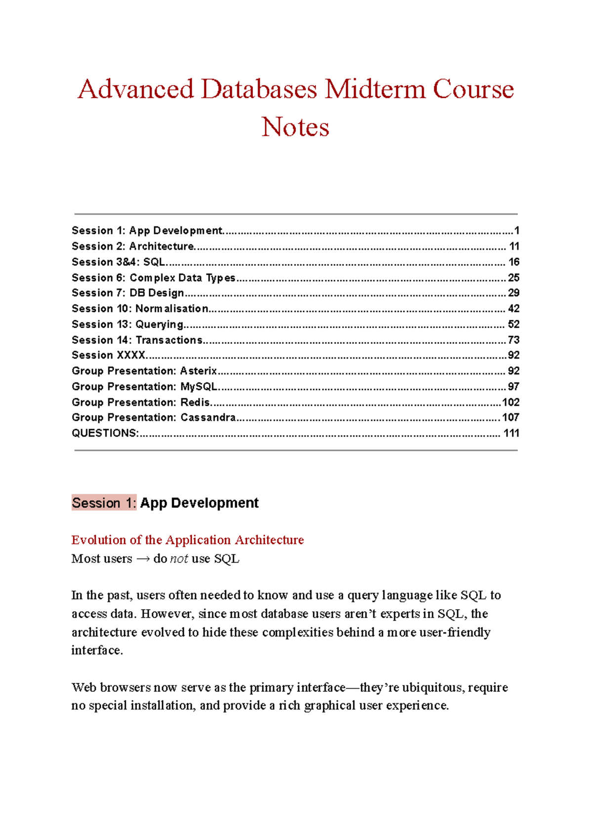 Advanced Databases (CS101) Midterm Course Notes: Key Concepts and ...