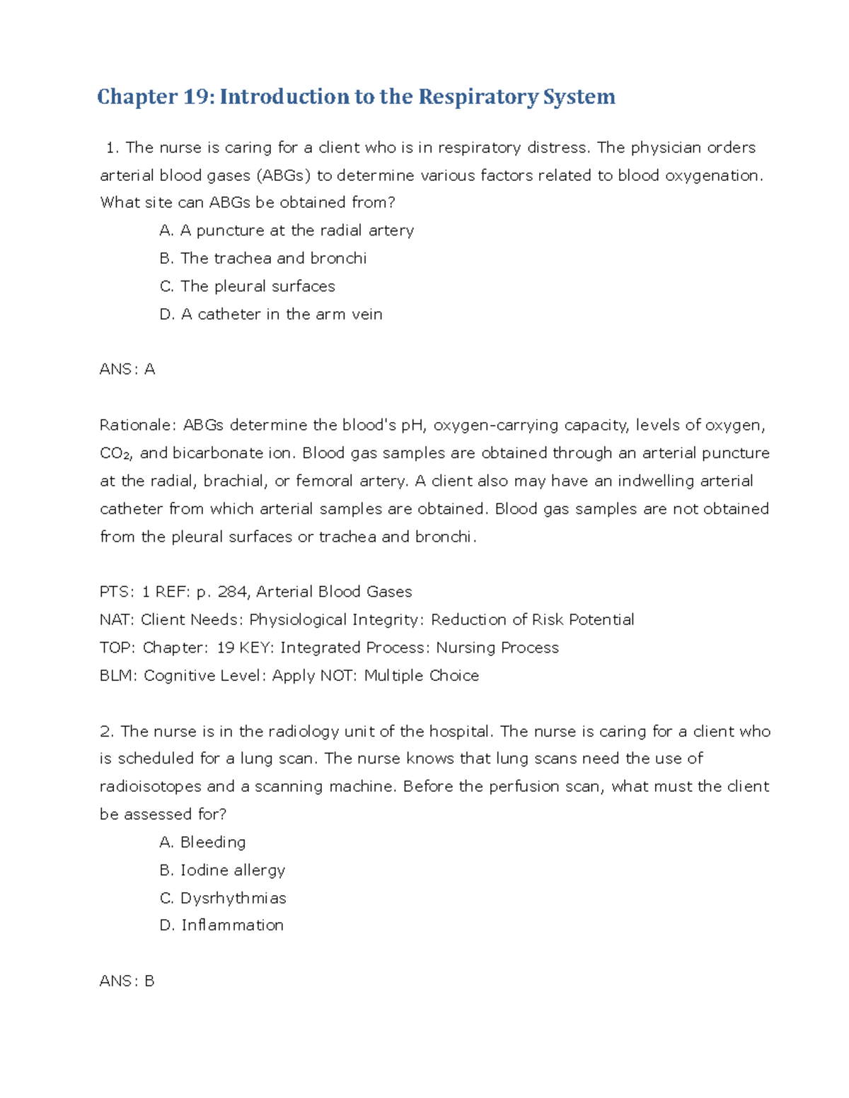 TG Chapter 19: Respiratory System Test Bank for Nursing Students - Studocu