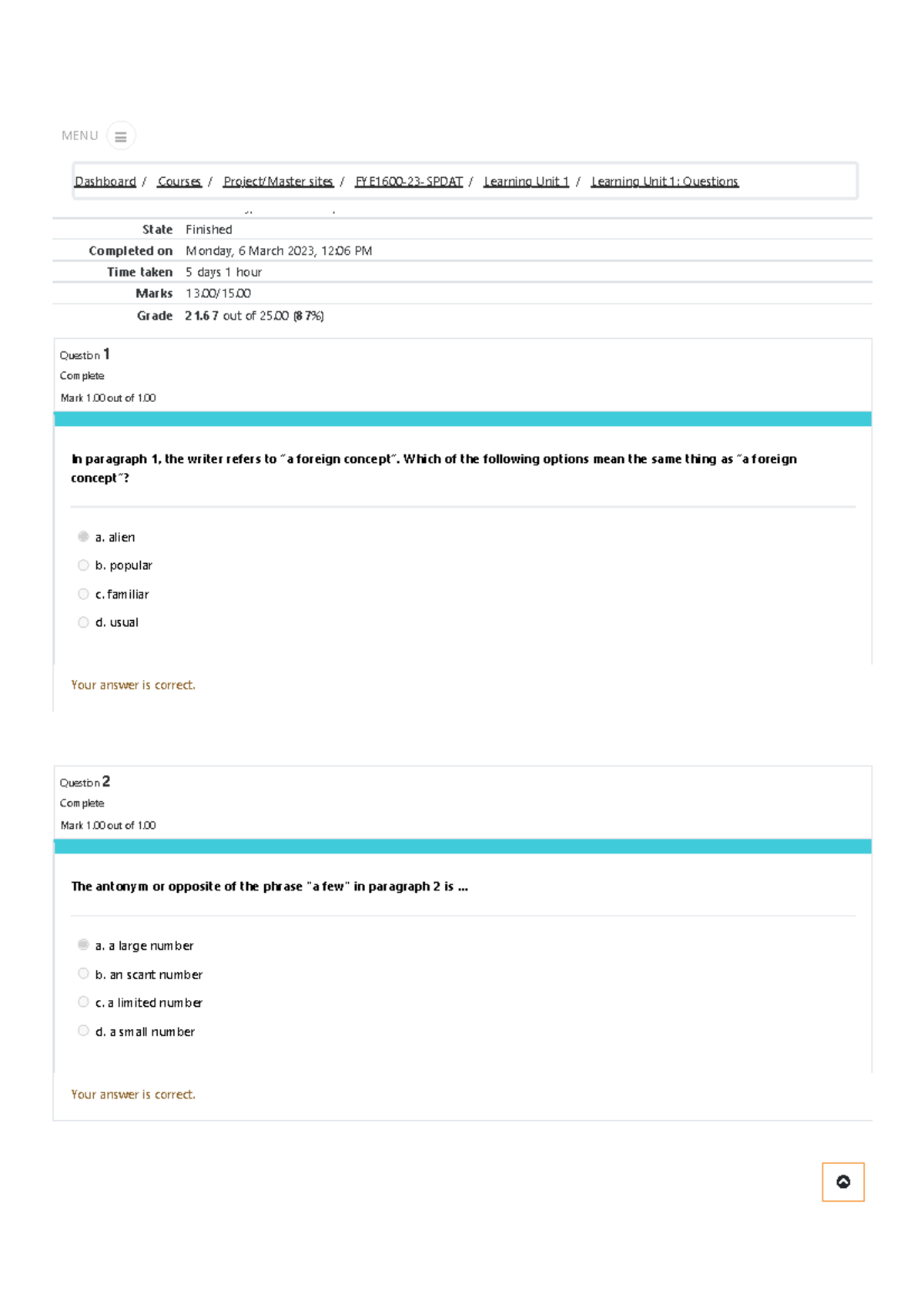 FYE1600 Learning Unit 1: Questions Attempt Review & Feedback - Studocu