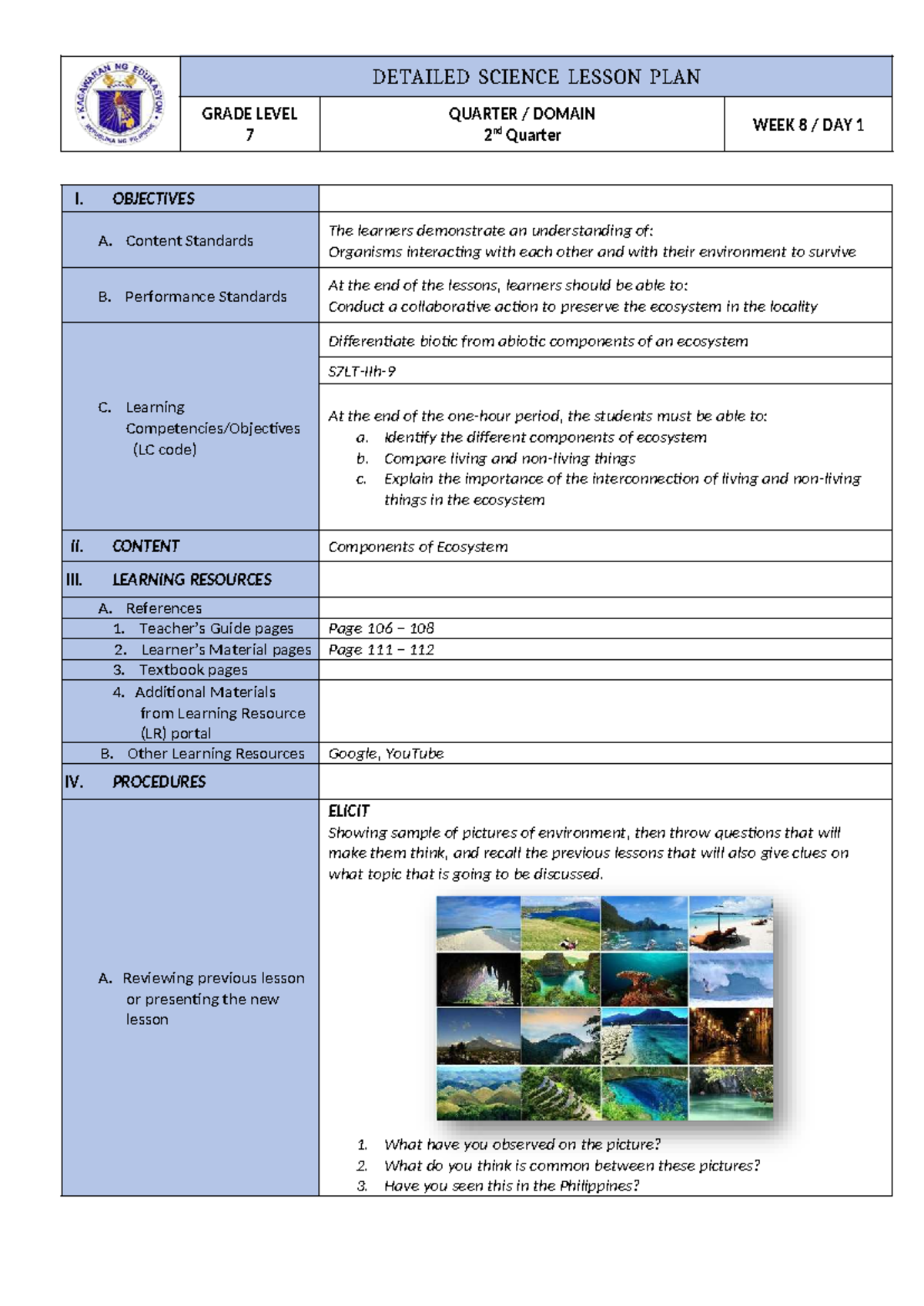 Grade 7 Science Lesson Plan: Ecosystem Interactions (2nd Quarter, Week ...