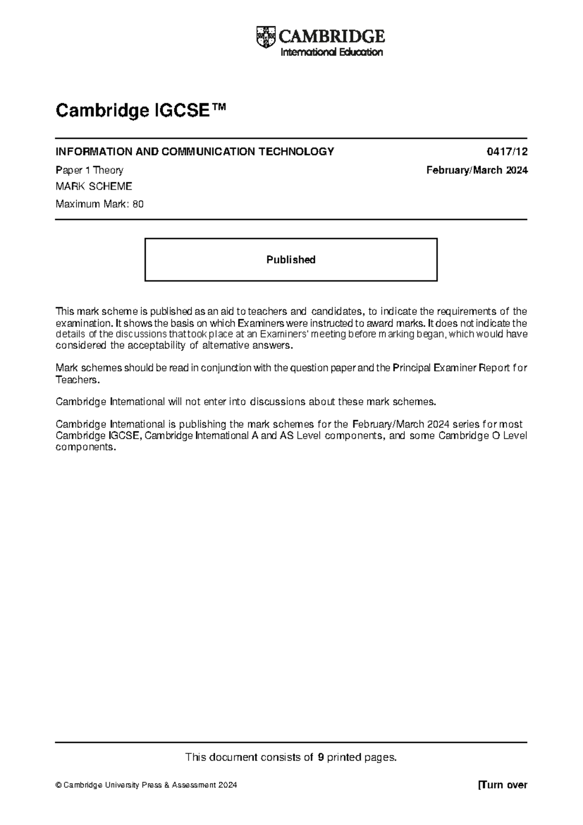 Cambridge IGCSE ICT 0417 Paper 1 Theory 2024 Mark Scheme - Studocu