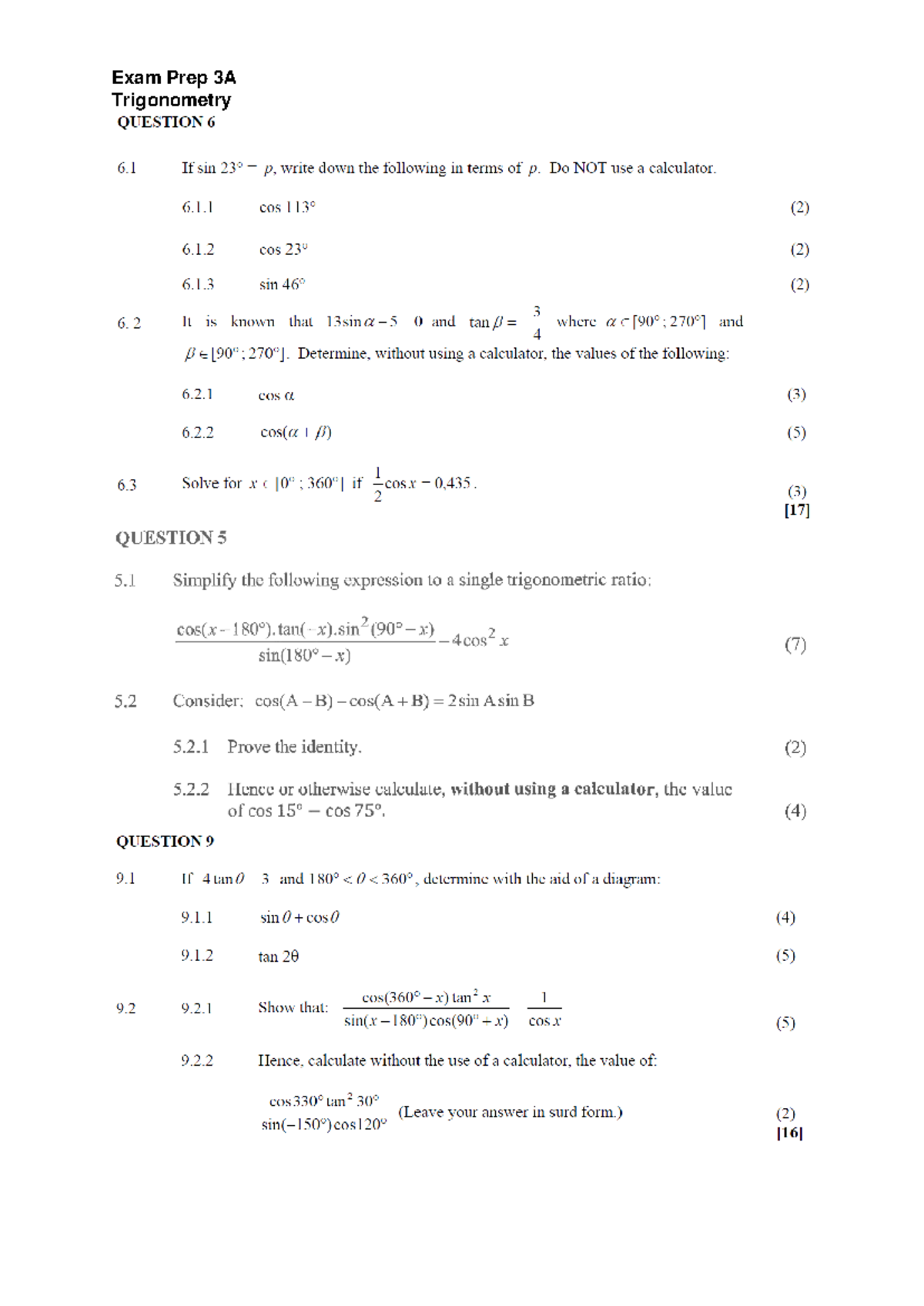 Exam Prep 3A: Comprehensive Trigonometry Review Guide - Studocu