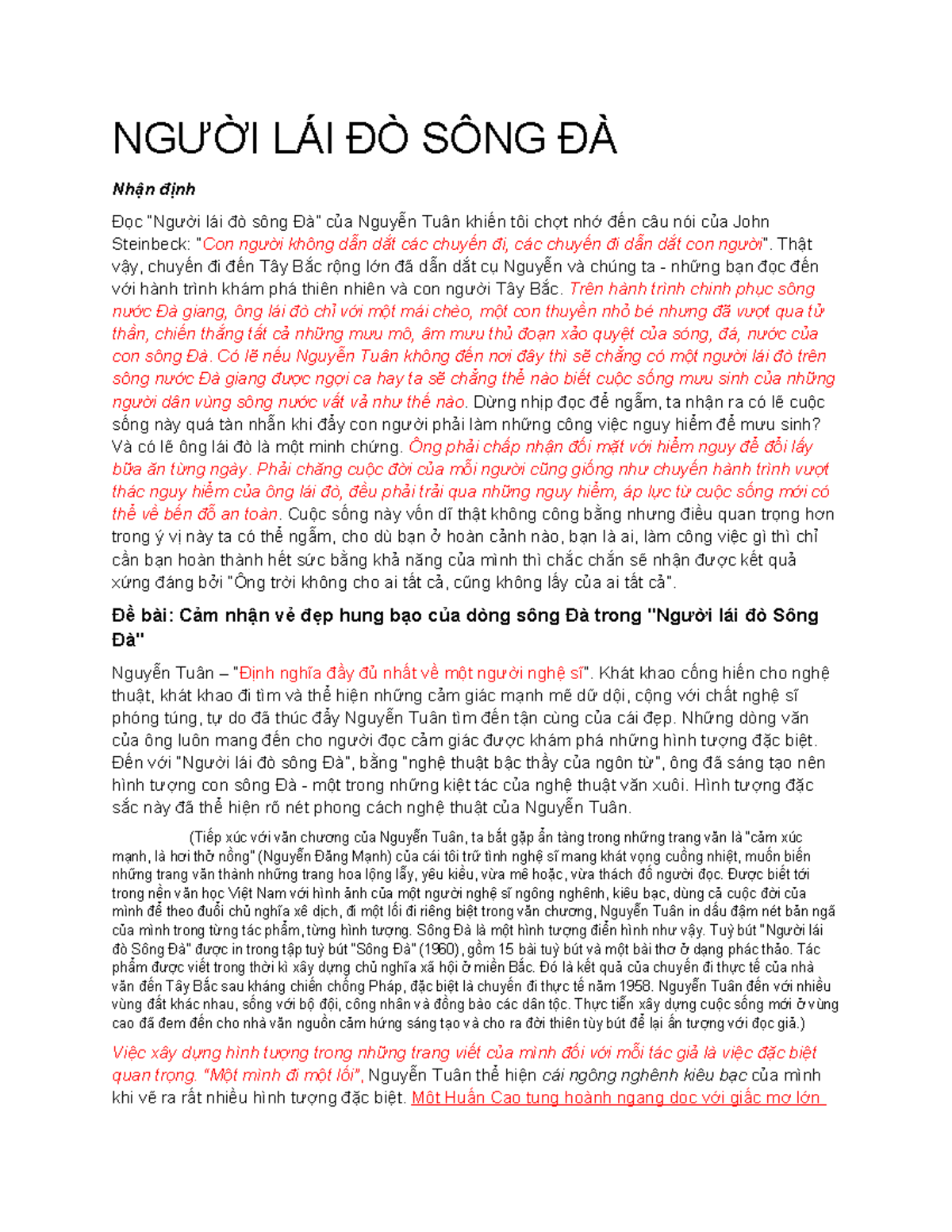 NGƯỜI LÁI ĐÒ SÔNG ĐÀ: Phân Tích Vẻ Đẹp Thiên Nhiên và Con Người - Studocu