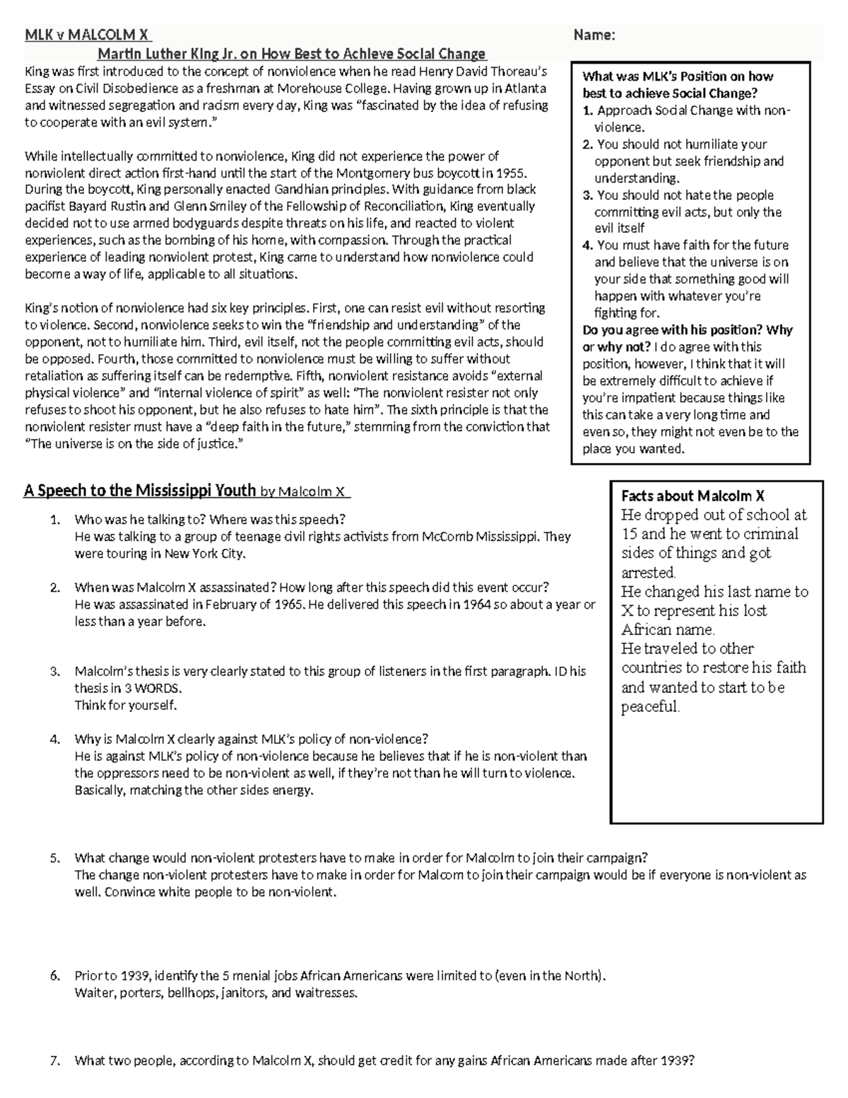 MLK v X GO-2 - MLK vs Malcolm X - MLK v MALCOLM X Name: Martin Luther ...
