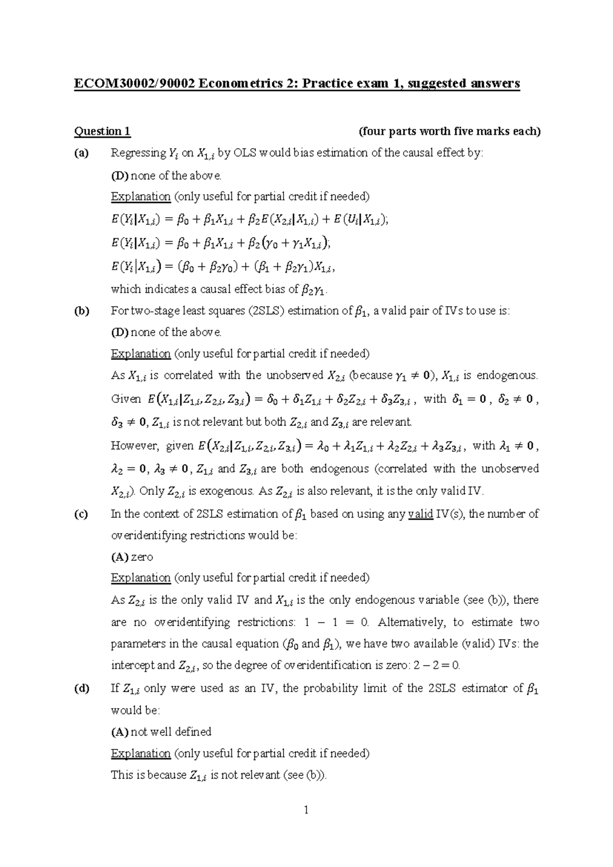 Suggested answers for practice exam 1 - ECOM30002/90002 Econometrics 2: Practice exam 1 ...