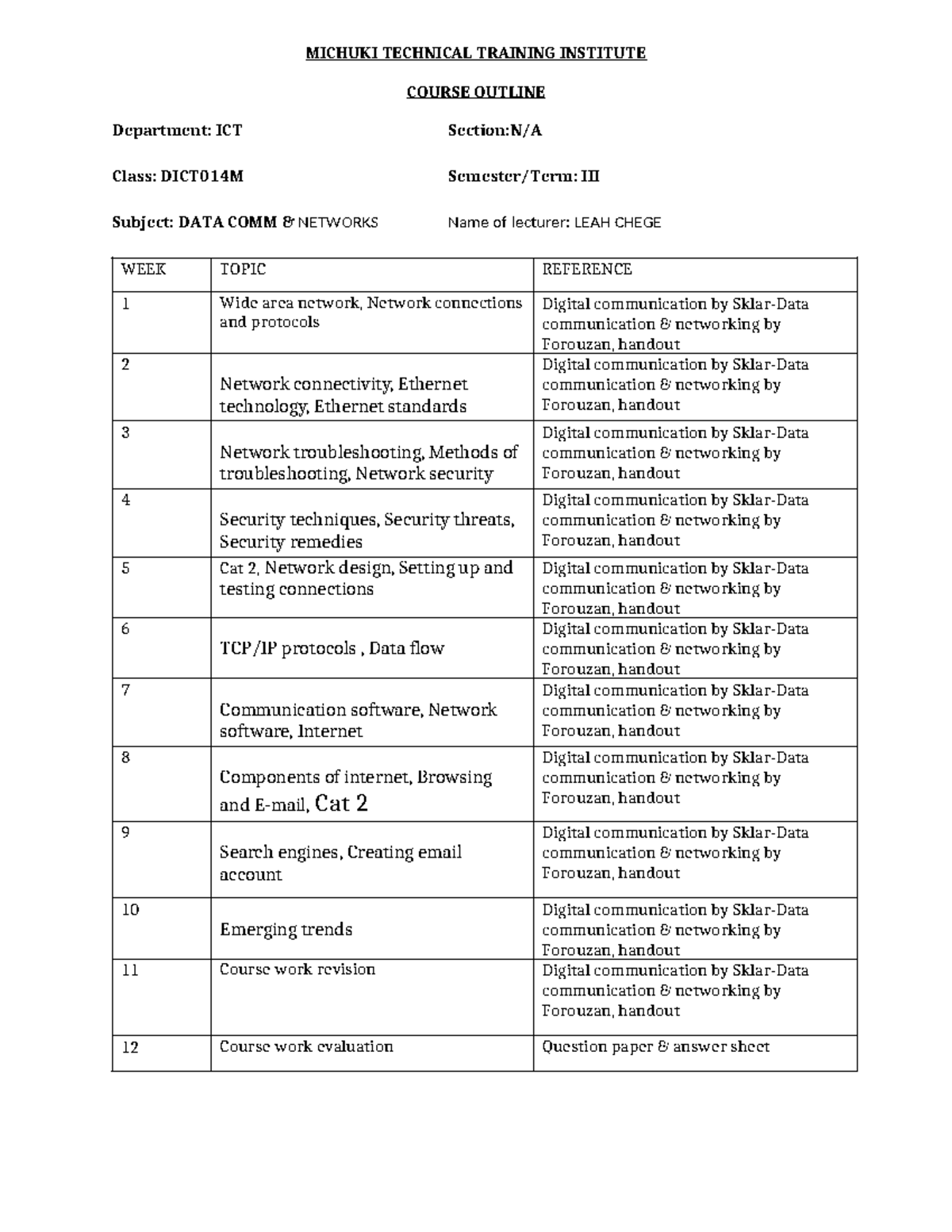 DICT014M Data Communication & Networking Course Outline Semester III ...
