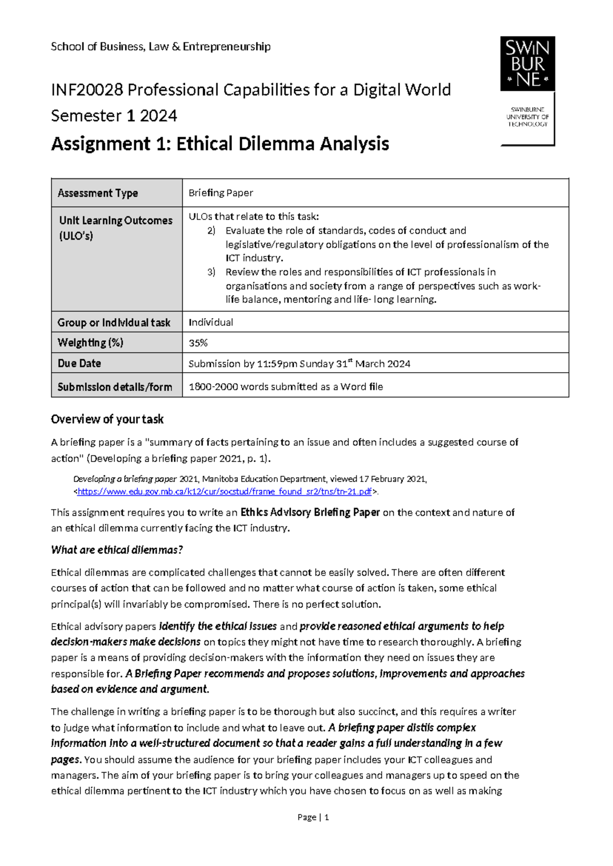 INF20028 S1 2024 Assignment 1: Ethical Dilemma Analysis Briefing Paper ...