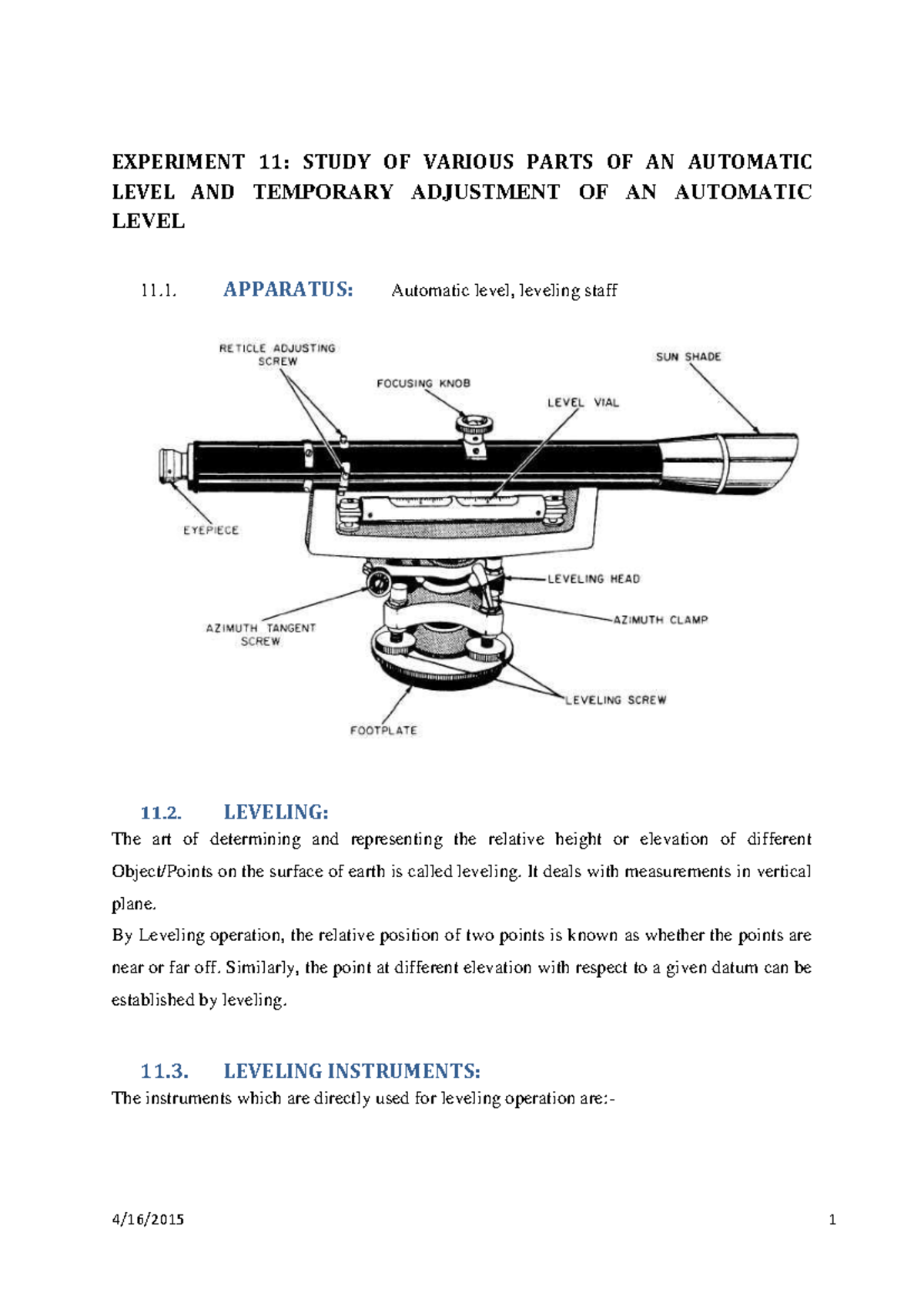 Practical Report on Automatic Leveling: Experiments 11 & 12 - Studocu