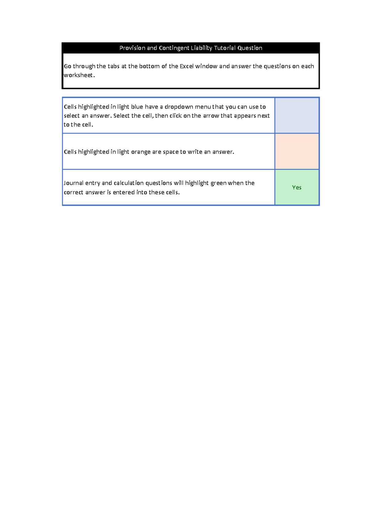 ACCT2011 Provisions Tutorial Worksheet - Guidance - Cells highlighted ...