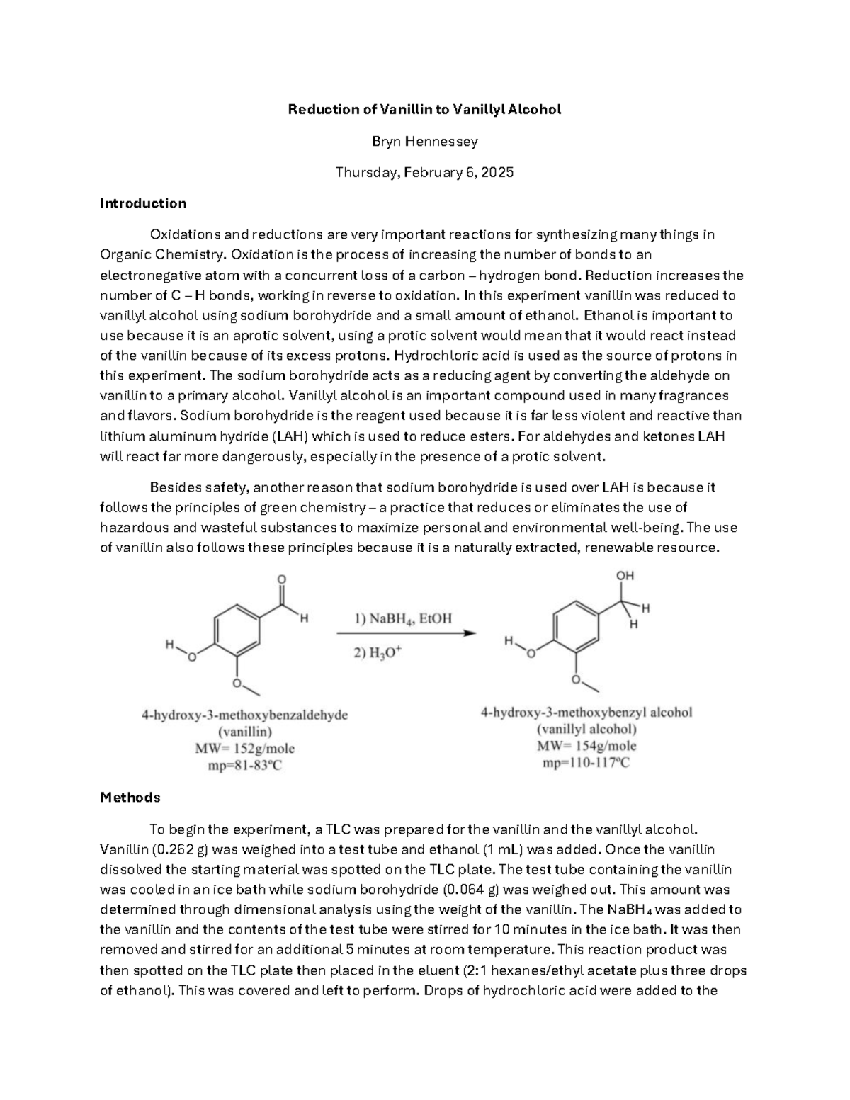 Lab Report 2 Reduction and Oxidation - Reduction of Vanillin to ...