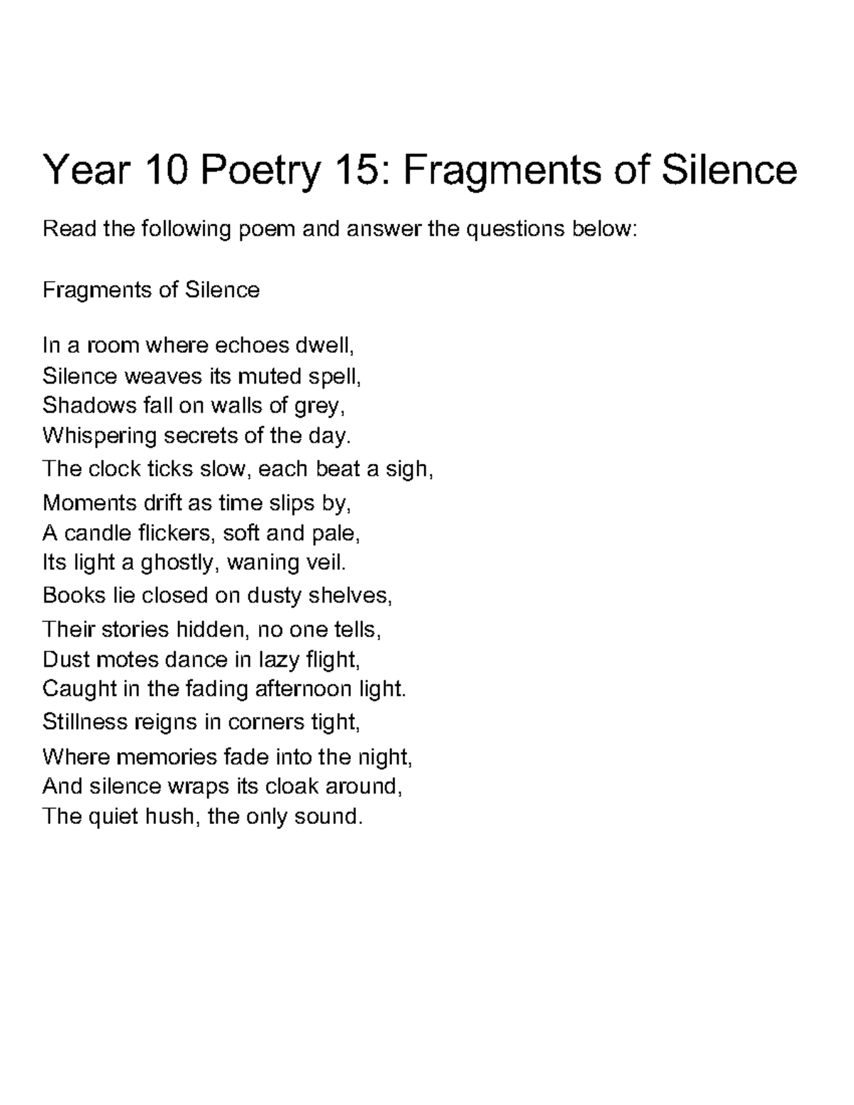 Year 10 Poetry 15: Analysis of "Fragments of Silence" Poem - Studocu