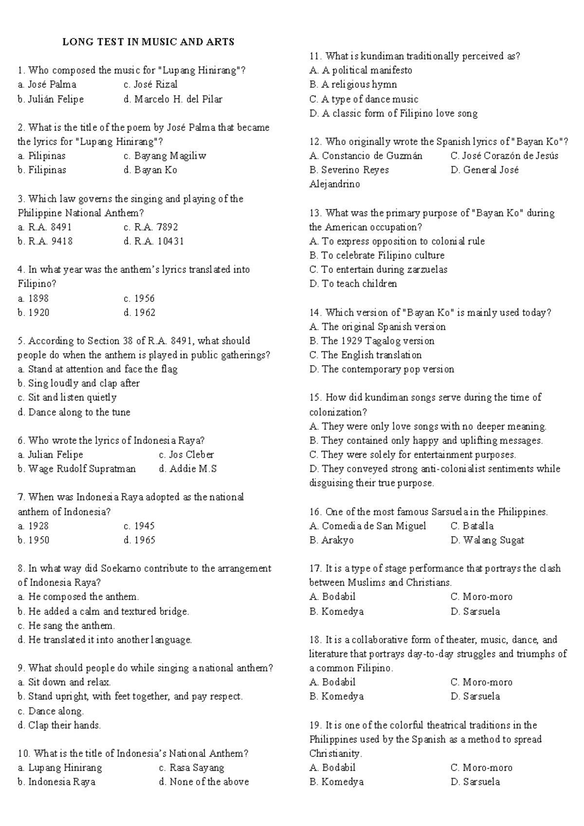 Summative Quiz Music Arts - LONG TEST IN MUSIC AND ARTS Who composed ...