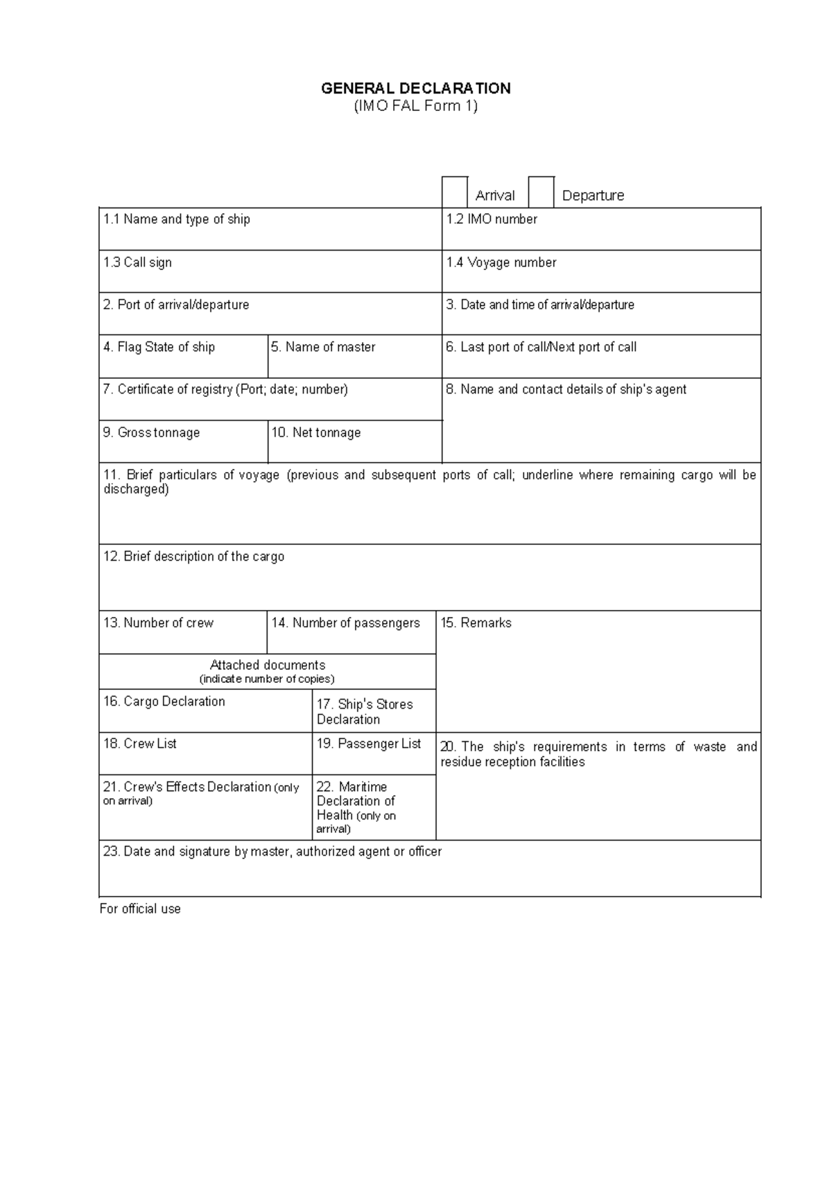 FAL FORM 1 - General Declaration for Ship Arrival and Departure - Studocu