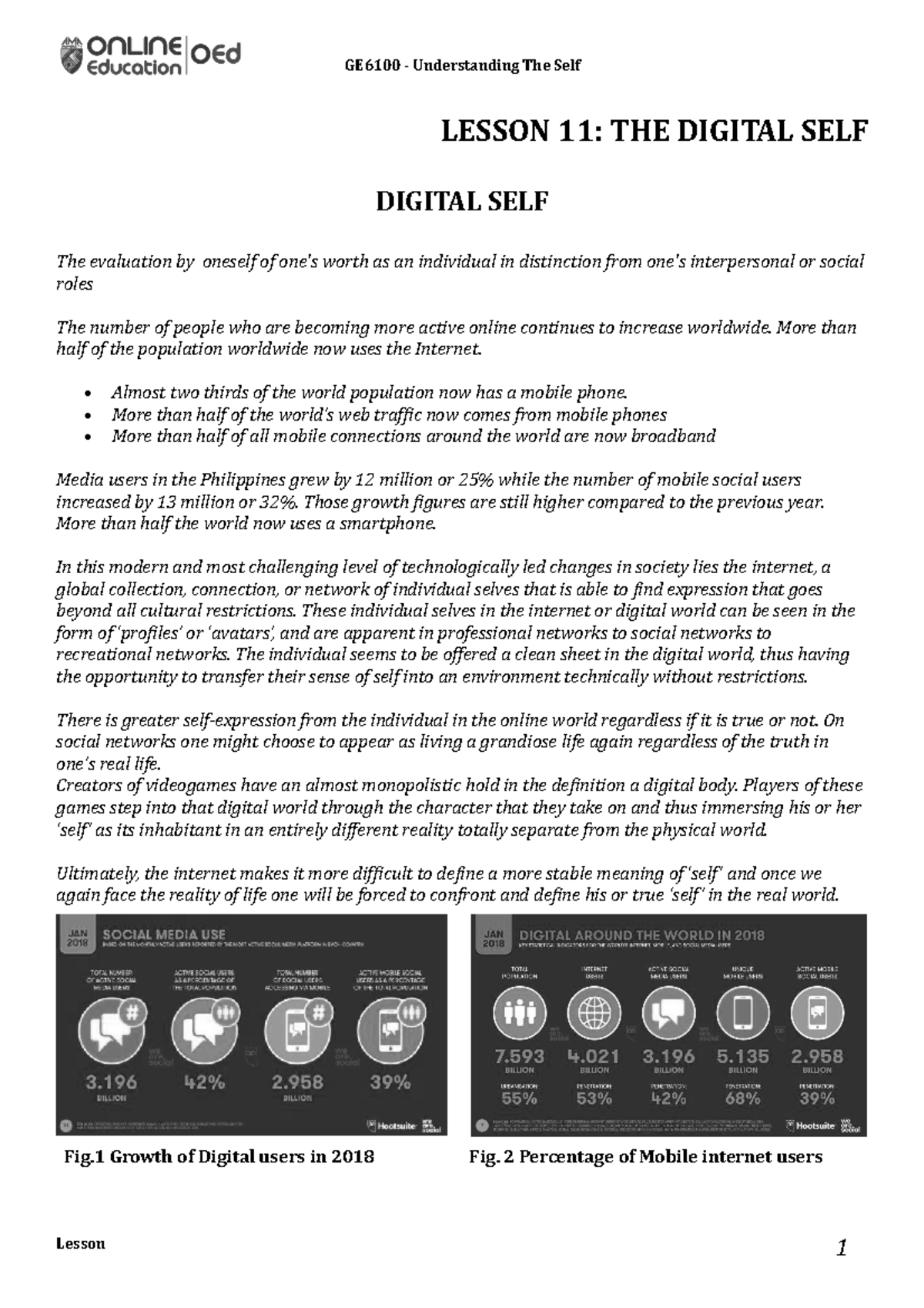 Lesson 1 1 - The Digital Self - GE6100 - Understanding The Self LESSON ...