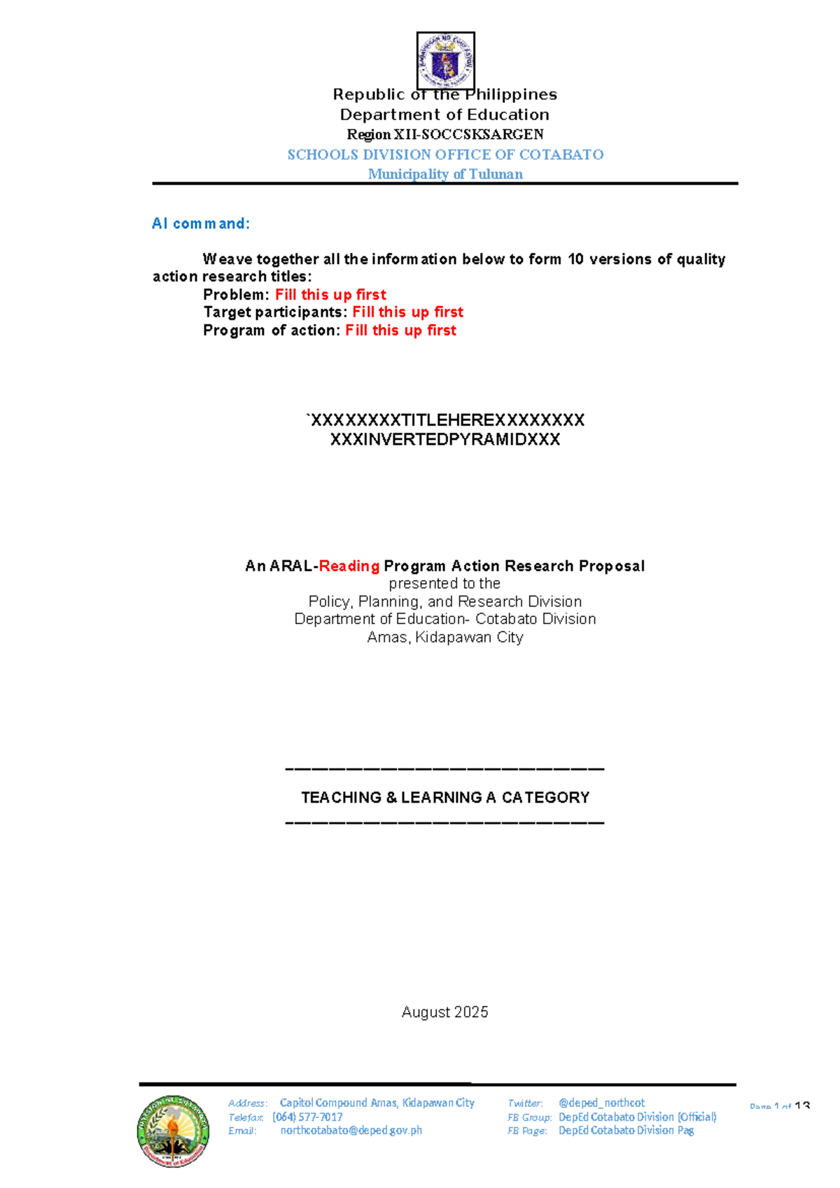 ARAL Program Action Research Proposal: Enhancing Grade 3 Reading ...
