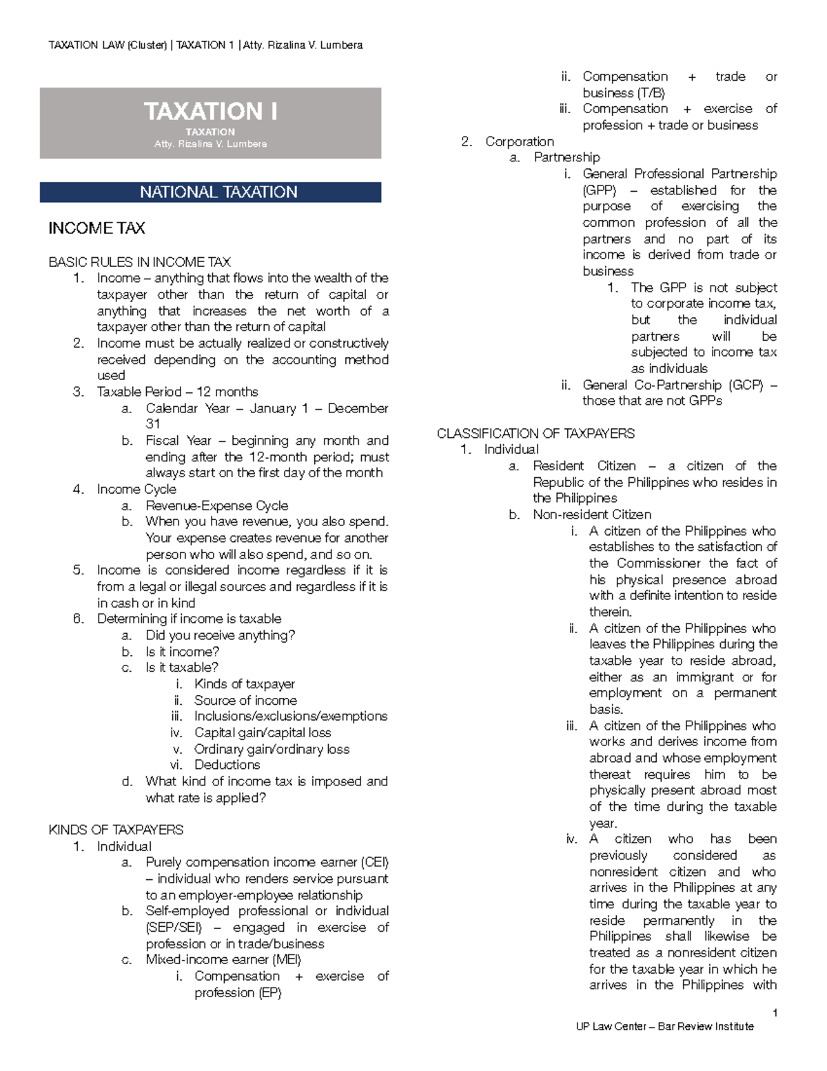 Taxation I: Key Concepts and Rules by Atty. Rizalina V. Lumbera - Studocu