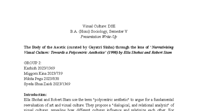 Visual Culture Presentation: DSE B.A. (Hons) Sociology, Sem V - Studocu