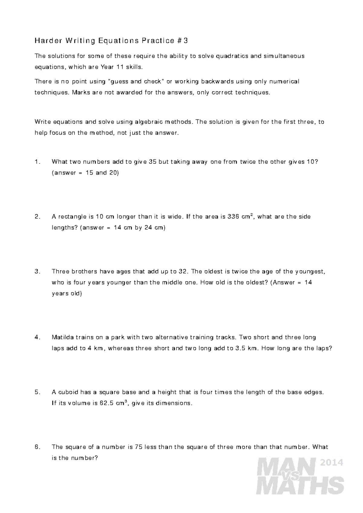 Year 11 Math: Harder Equations Practice & Solutions - Studocu