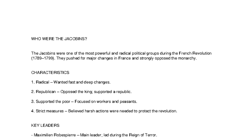Jacobins Notes - Key Characteristics & Impact on Revolution - Studocu