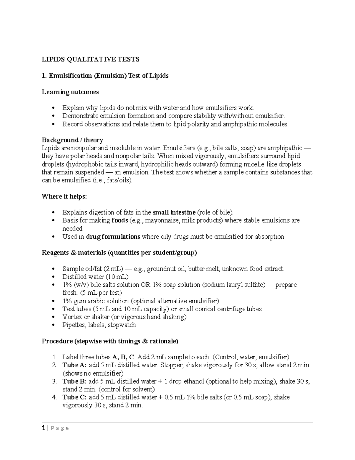 LIPIDS QUALITATIVE TESTS: Emulsification, Unsaturation & Cholesterol ...