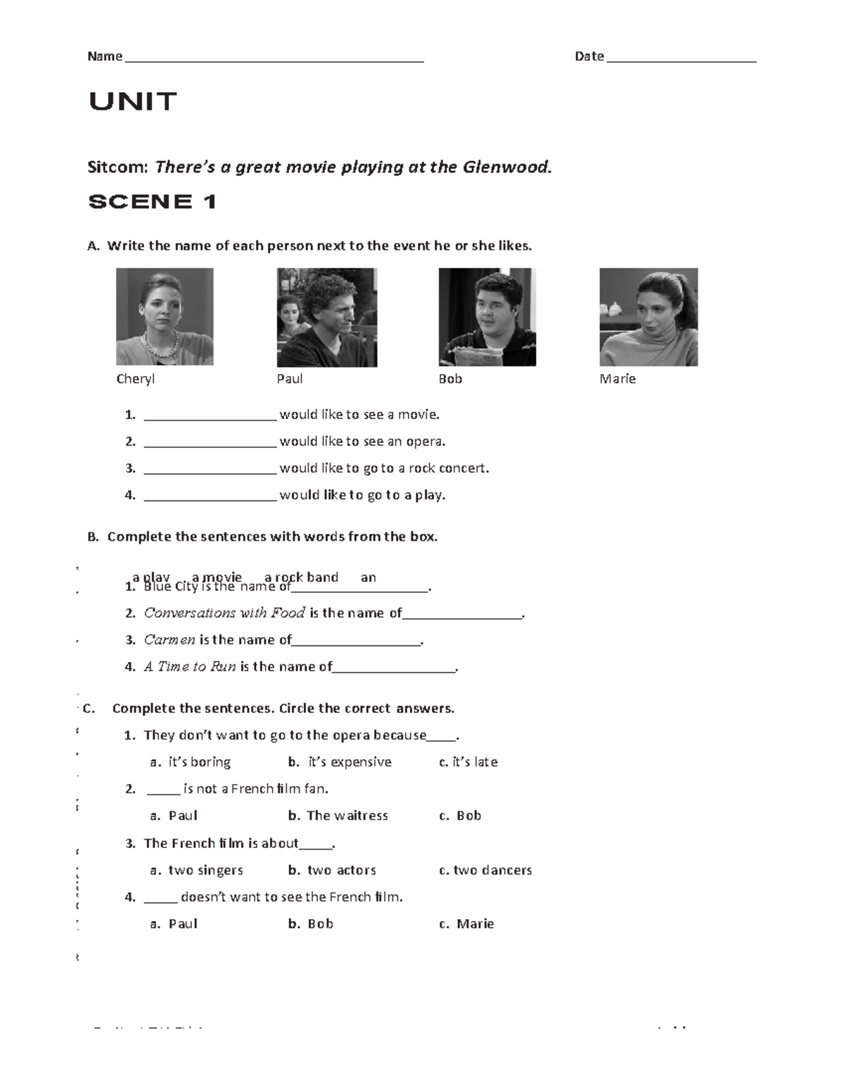 UNIT 02 Video Worksheets: Sitcom Activities and Directions - Studocu