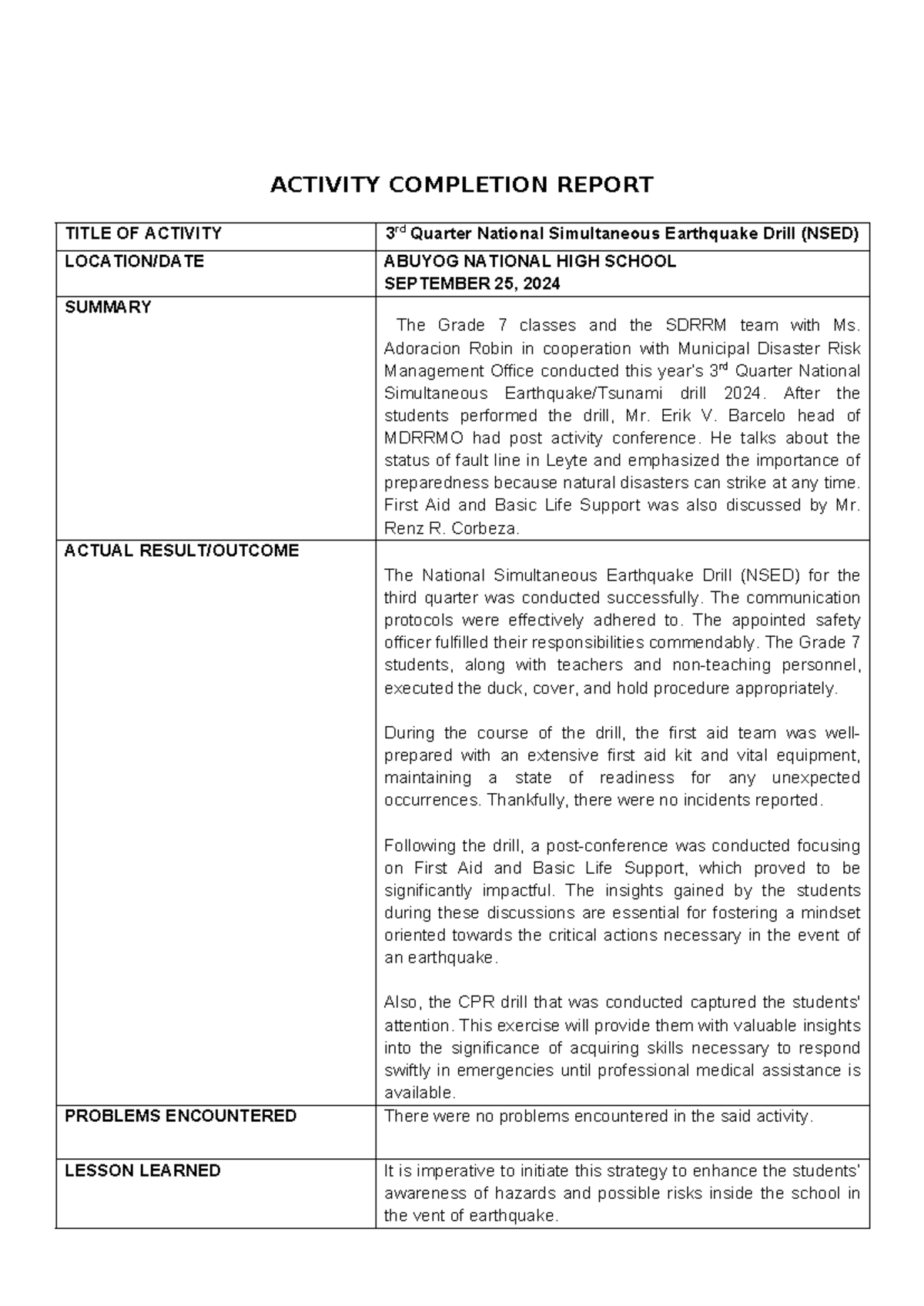 NSED 2024: Earthquake Drill Activity Completion Report at Abuyog HS ...