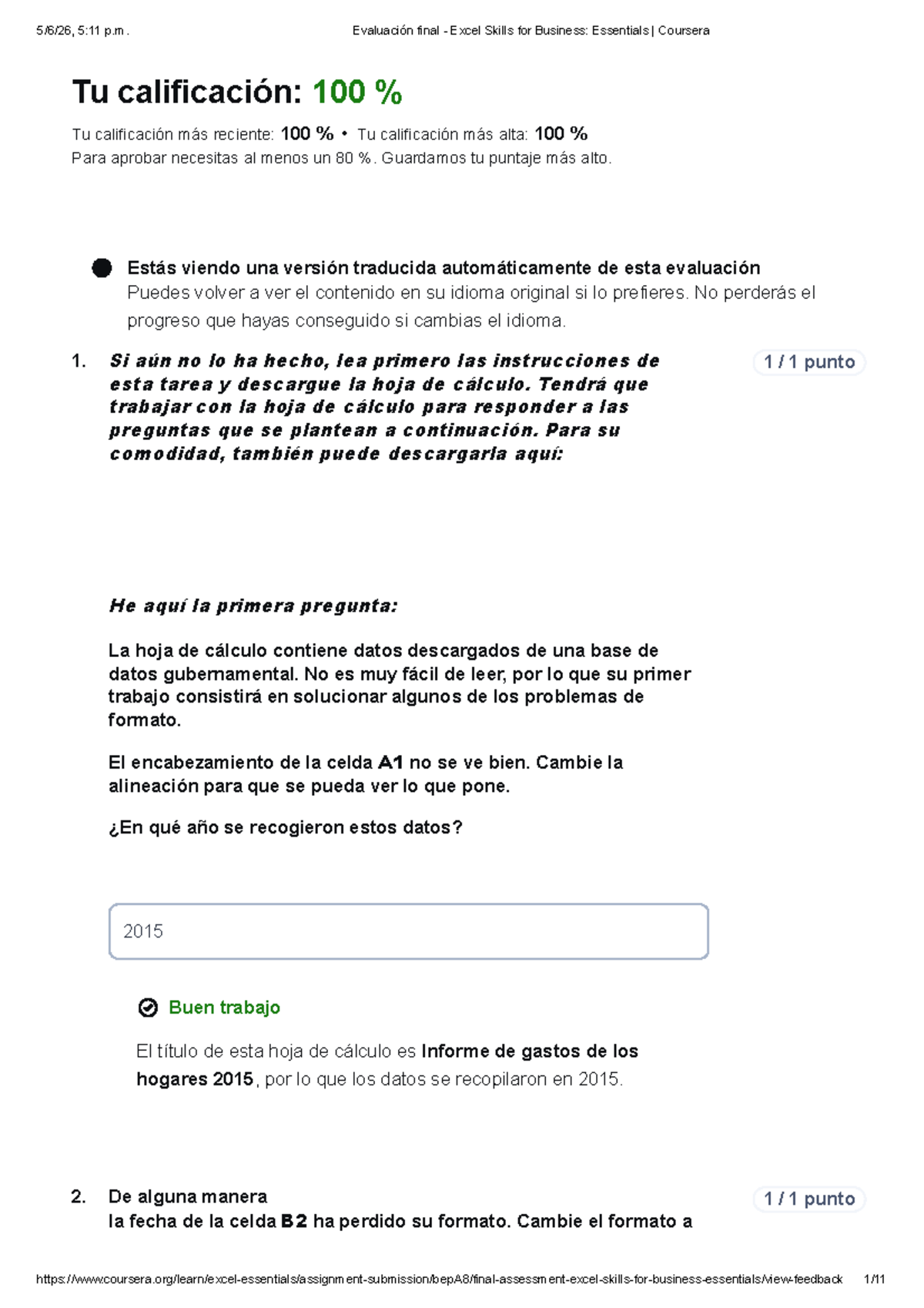 Evaluación Final: Excel Skills for Business Essentials (5:11 p.m ...