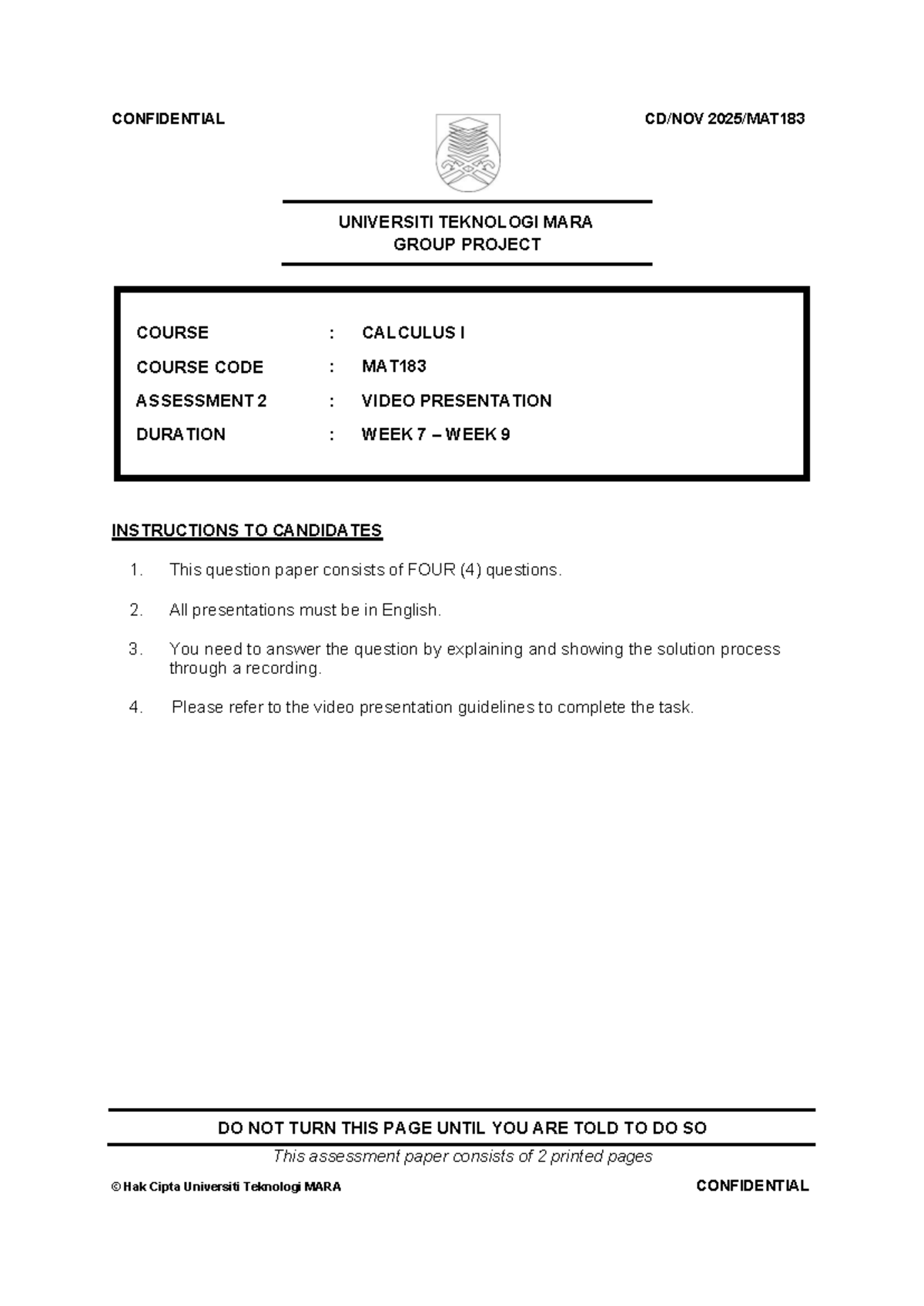 Assessment 2 Video Presentation Guidelines for MAT183 - Studocu