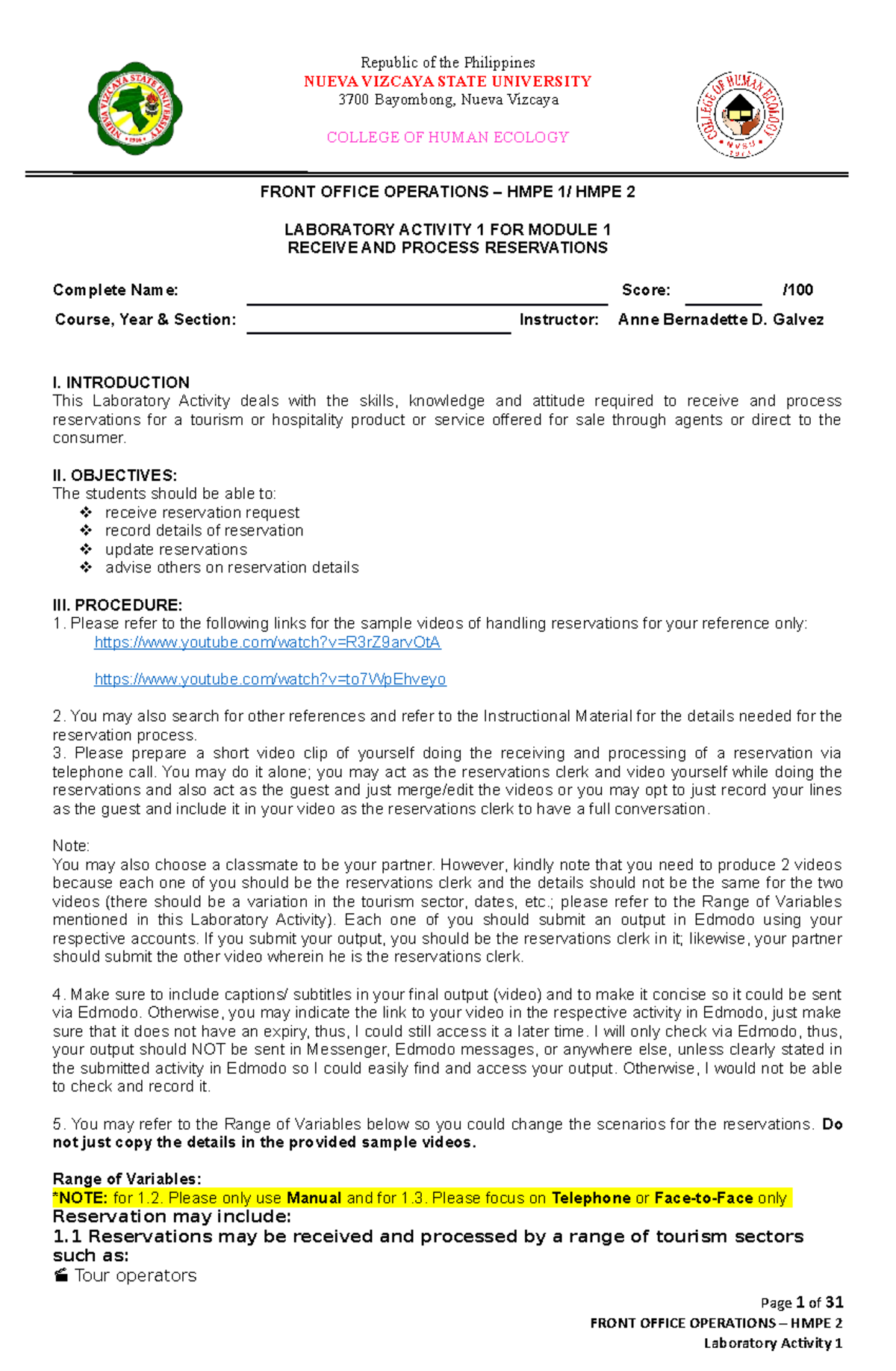 Laboratory Activity 1: Receive & Process Reservations - HMPE 1/2 - Studocu
