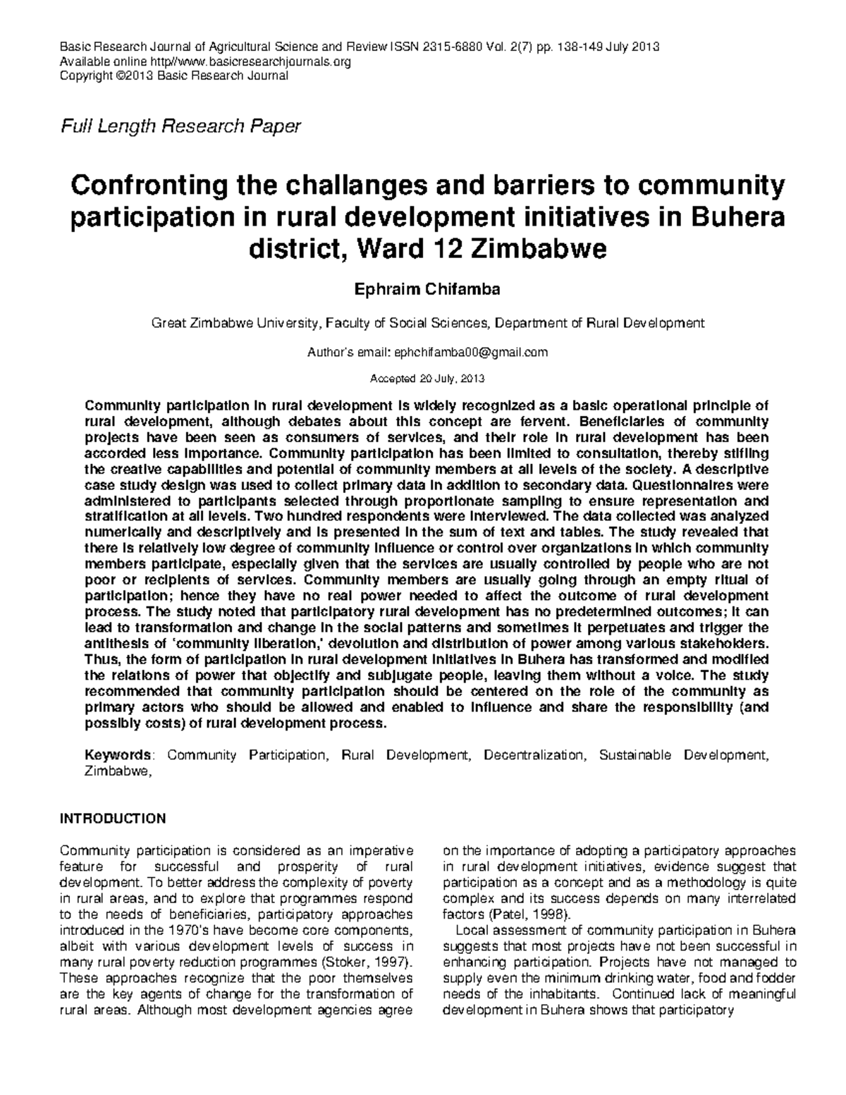 Community Participation in Rural Development: Challenges in Buhera ...