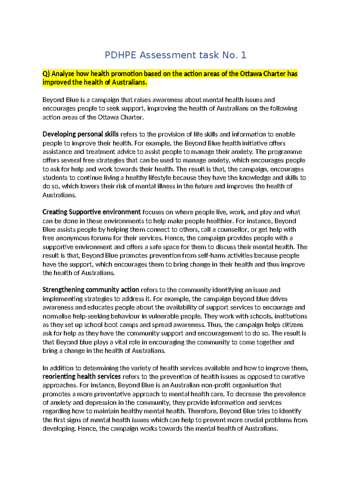PDHPE Assessment Task 1: Impact of Beyond Blue on Australian Health ...