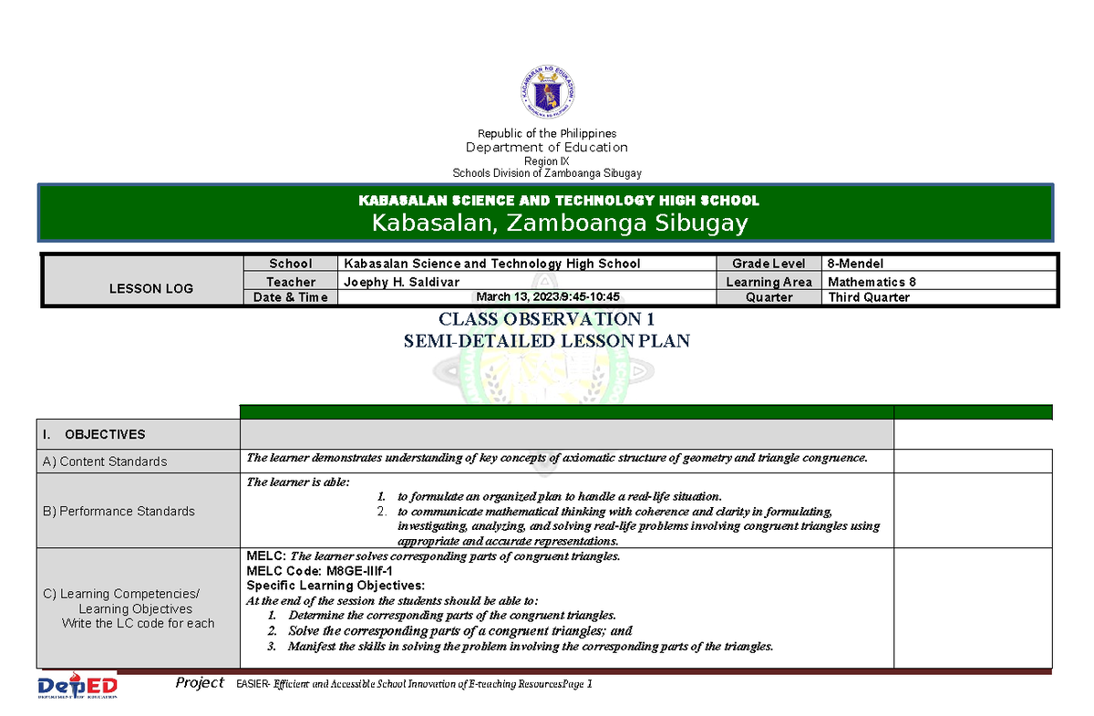 CO 1 Lesson Plan m ATH 8 - Module - ####### \ LESSON LOG School Kabasalan Science and Technology ...