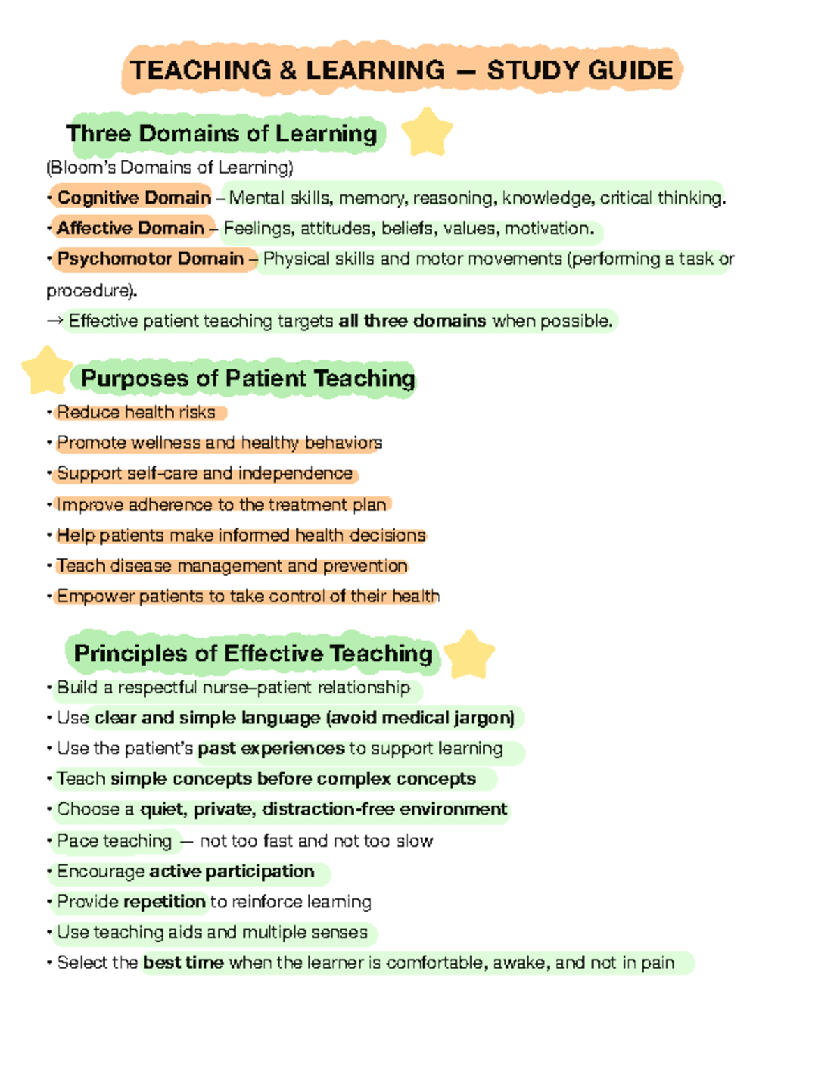 Teaching - Lecture Notes: Three Domains of Learning in Nursing - Studocu