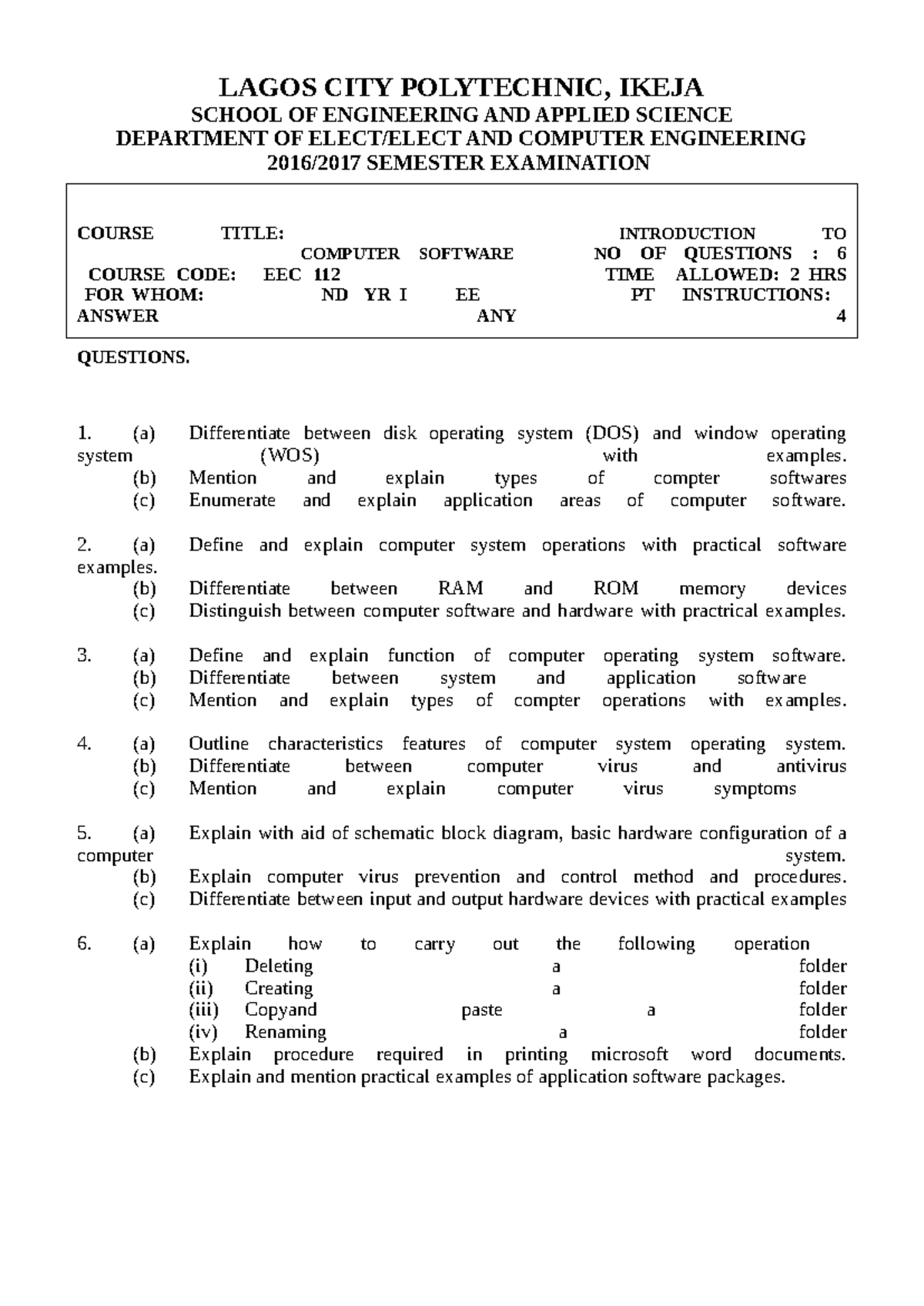 Introduction TO Computer Software EEC 112 ND YR I EE PT - LAGOS CITY POLYTECHNIC, IKEJA SCHOOL ...