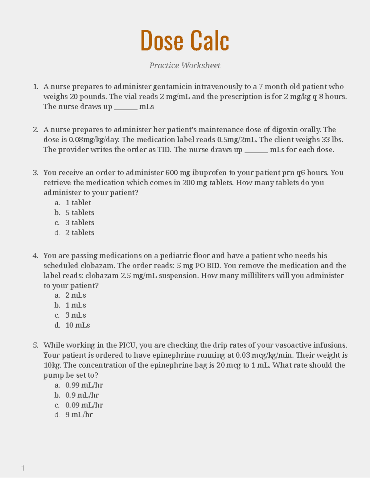 Dose Calc Worksheet - Dosage calculations - Dose Calc Practice ...