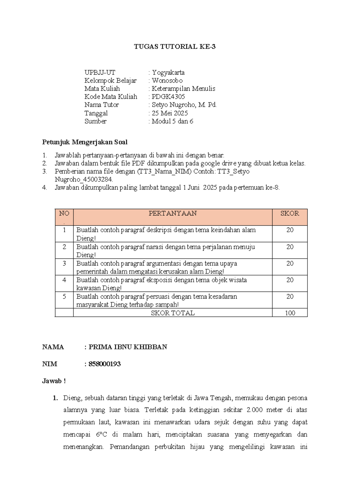 Tugas 3 Keterampilan Menulis Pdgk4305 Paragraf Deskripsi Dan Narasi