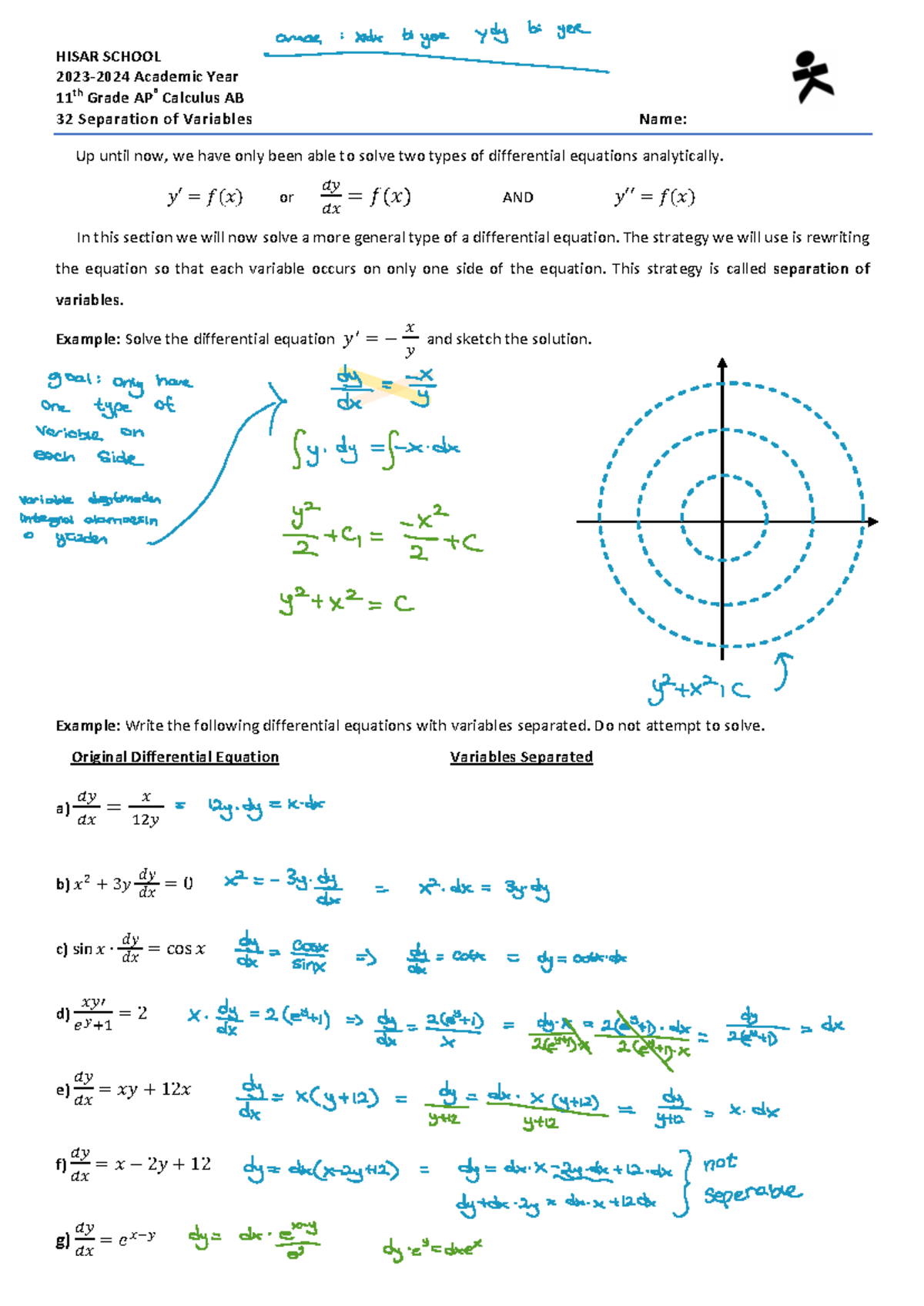 HISAR SCHOOL AP® Calculus AB: 32 Separation of Variables Notes - Studocu