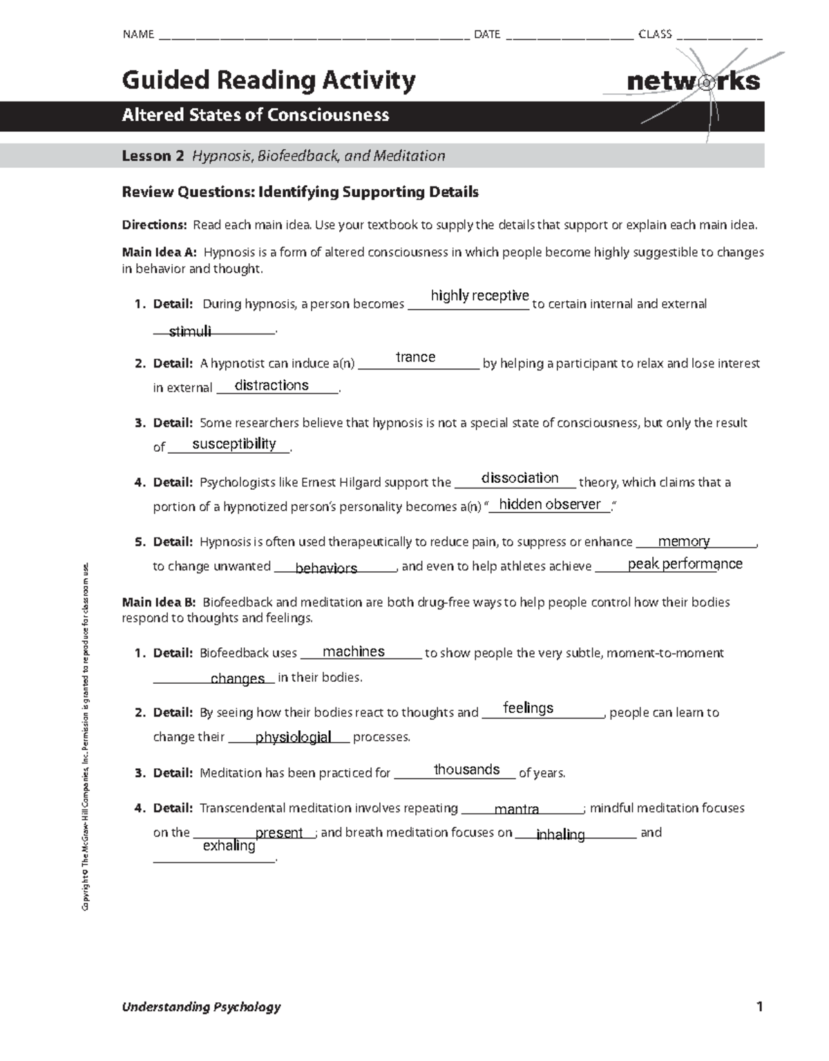 Psych 101: Guided Reading Activity on Altered States of Consciousness ...