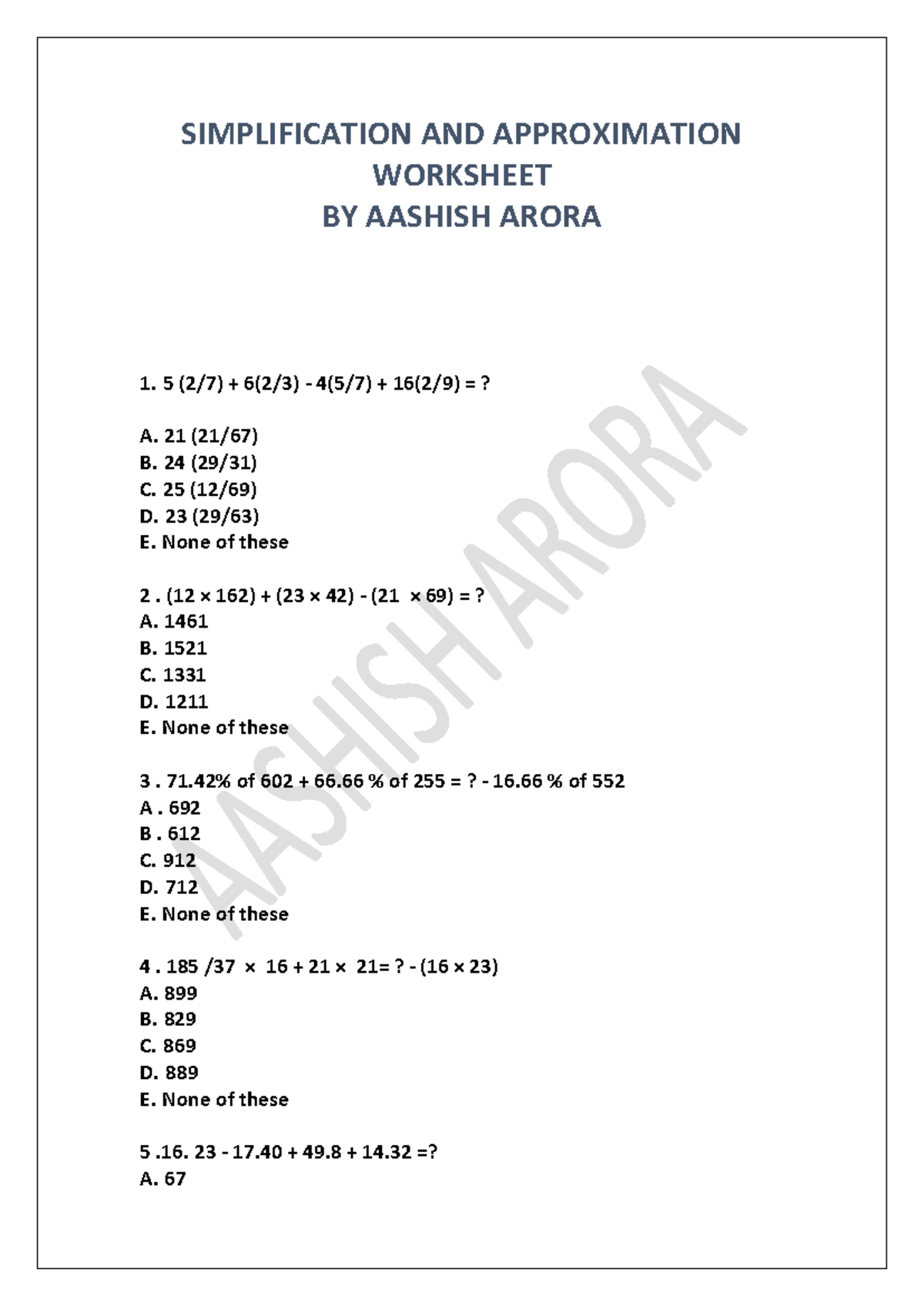 Simplification & Approximation Worksheet - AASHISH ARORA - Studocu