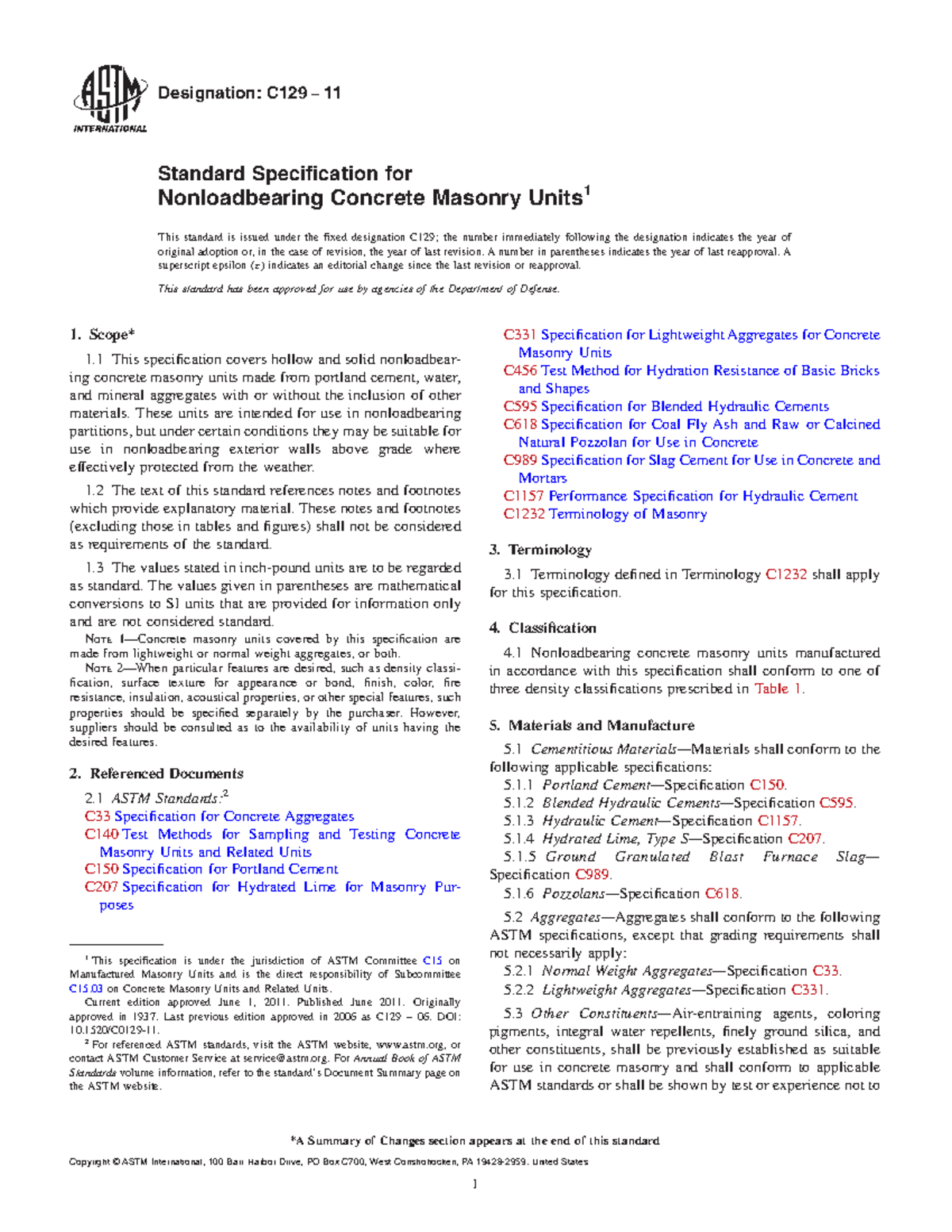 ASTM C129-11 - Spec for Nonloadbearing Concrete Masonry Units - Studocu