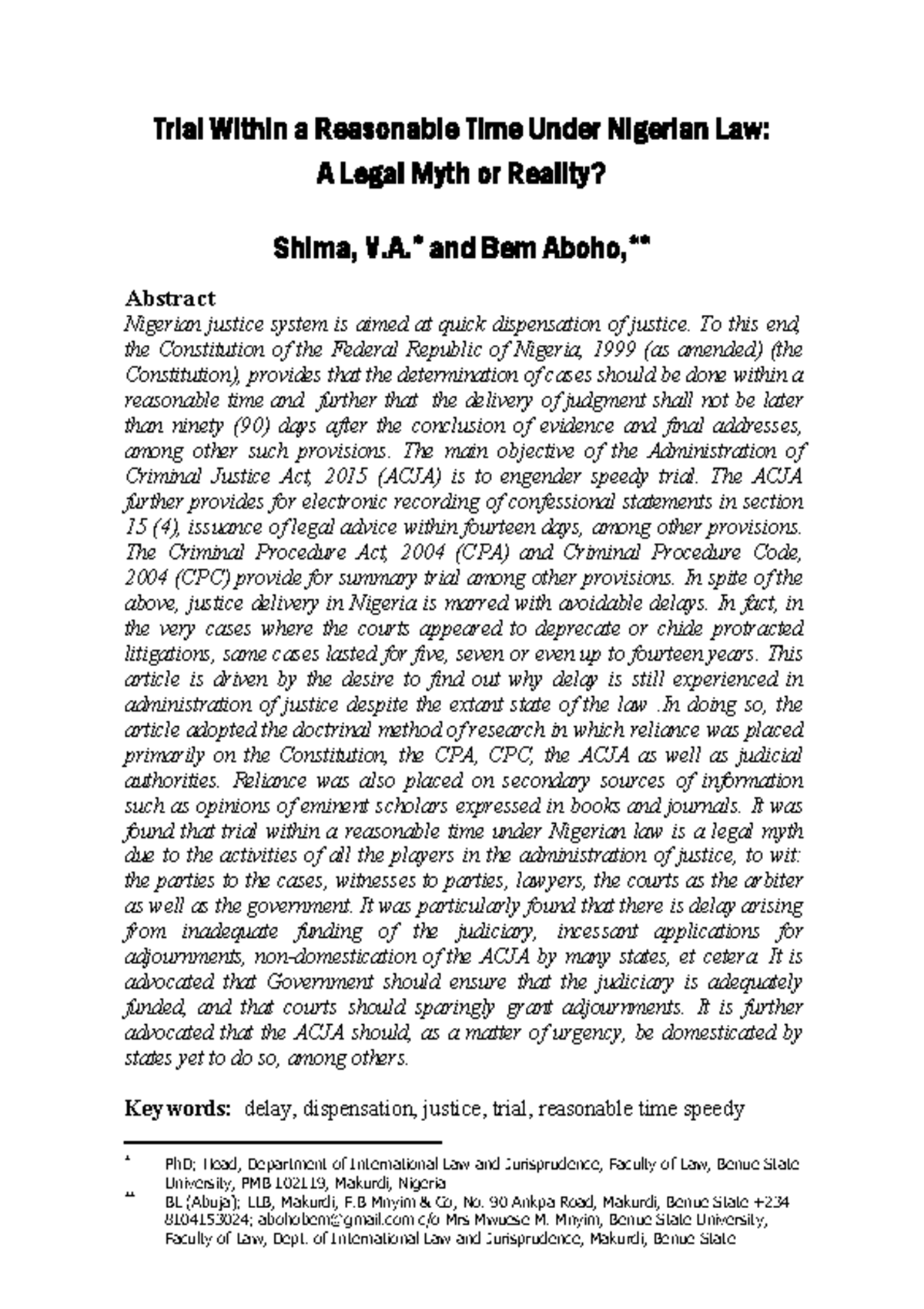 Article 15 - Trial Within a Reasonable Time: Legal Myths in Nigeria's ...