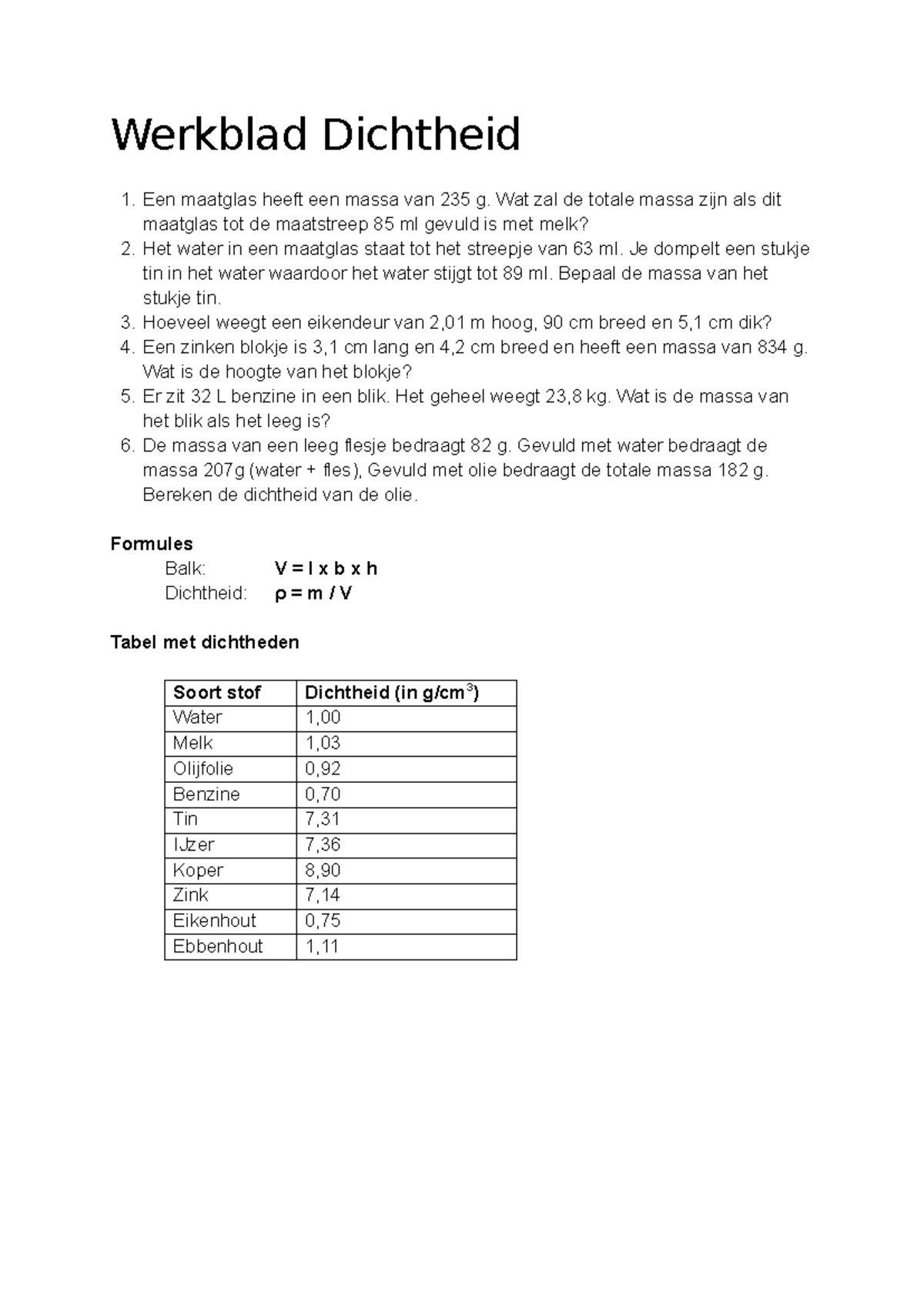 Werkblad Dichtheid: Berekeningen en Formules voor Massa en Volume ...