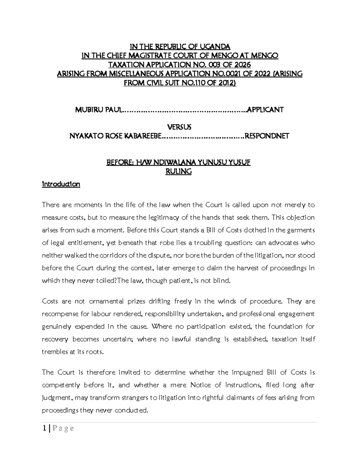 Ruling on Taxation Application No. 003 of 2026: MUBIRU vs. NYAKATO ROSE ...