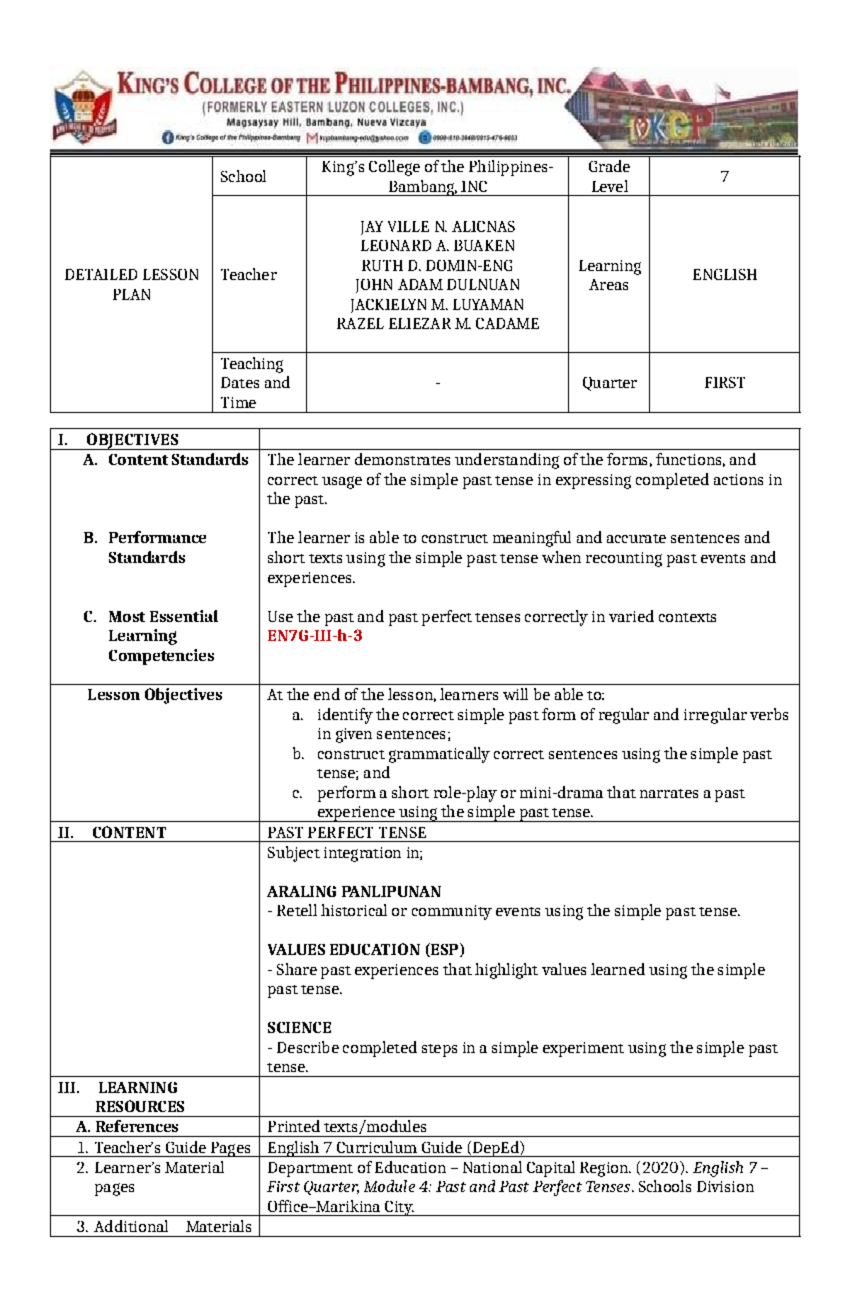 Detailed Lesson Plan on Simple Past Tense (ENG 7) - Studocu