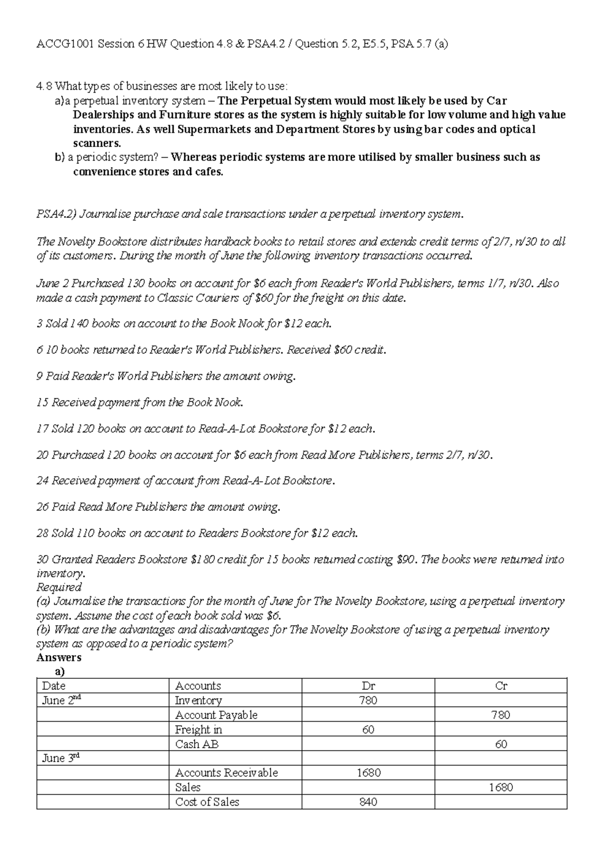 ACCG1001 Session 6 HW Question - ACCG1001 Session 6 HW Question 4 ...