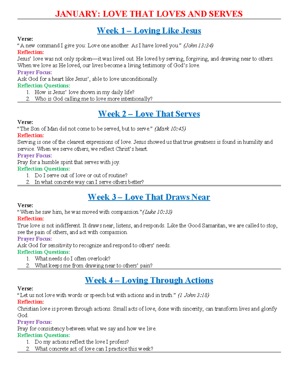 Prayer Group Topics: Loving Like Jesus - Week 1 to 4 Reflections - Studocu