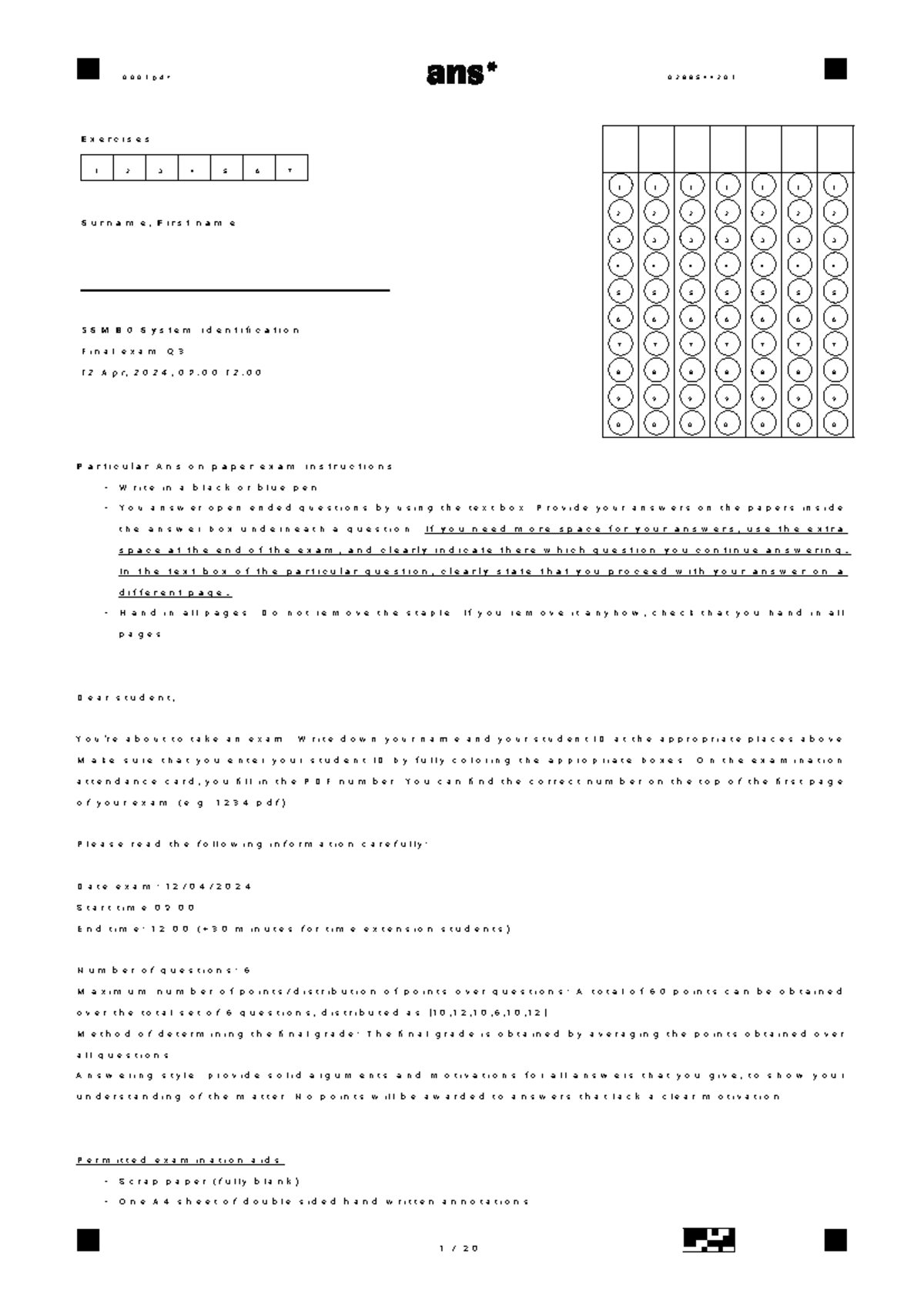 Exam 5SMB0 2024Q3 - system identification final exam instructions - Studeersnel