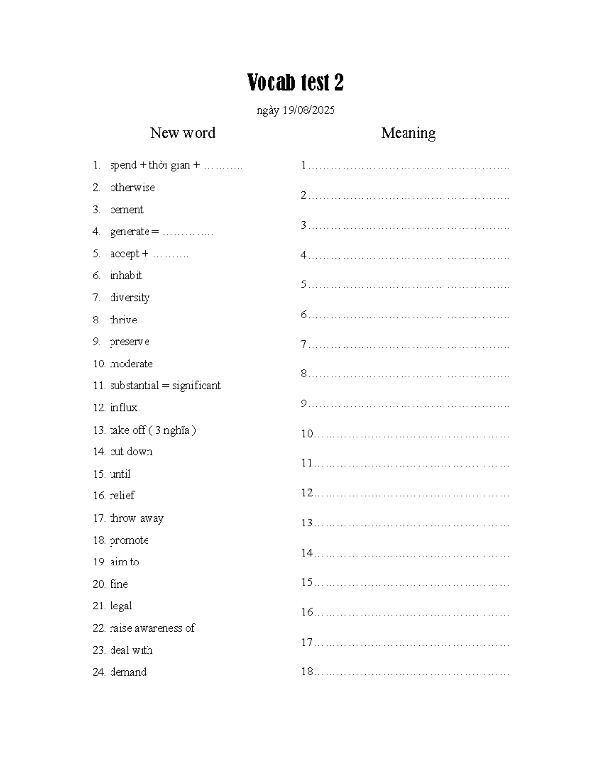 Vocab Test 2 - Kiểm tra Từ Mới và Ý Nghĩa - Studocu